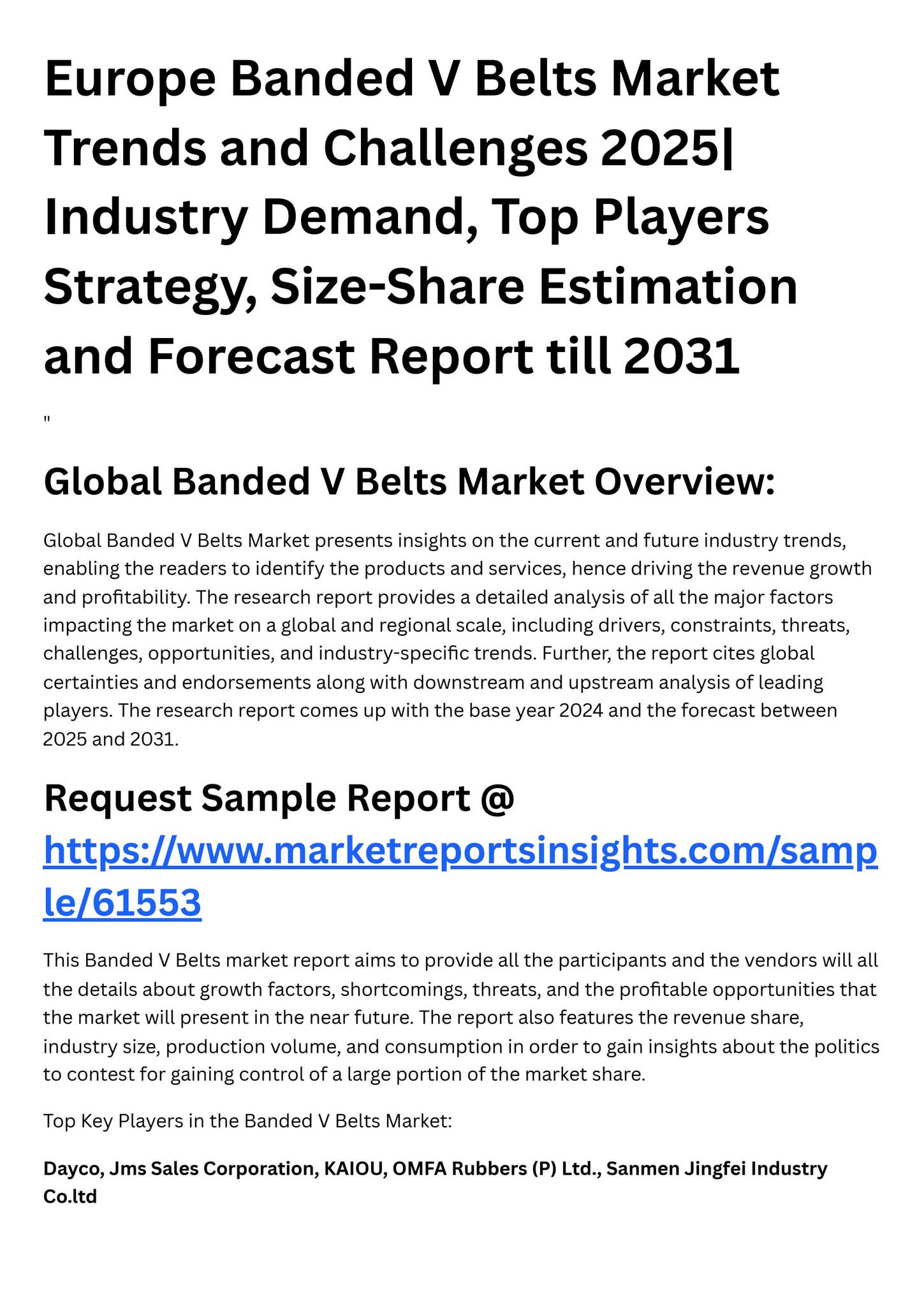 Europe Banded V Belts Market Trends and Challenges 2025 Industry Demand ...