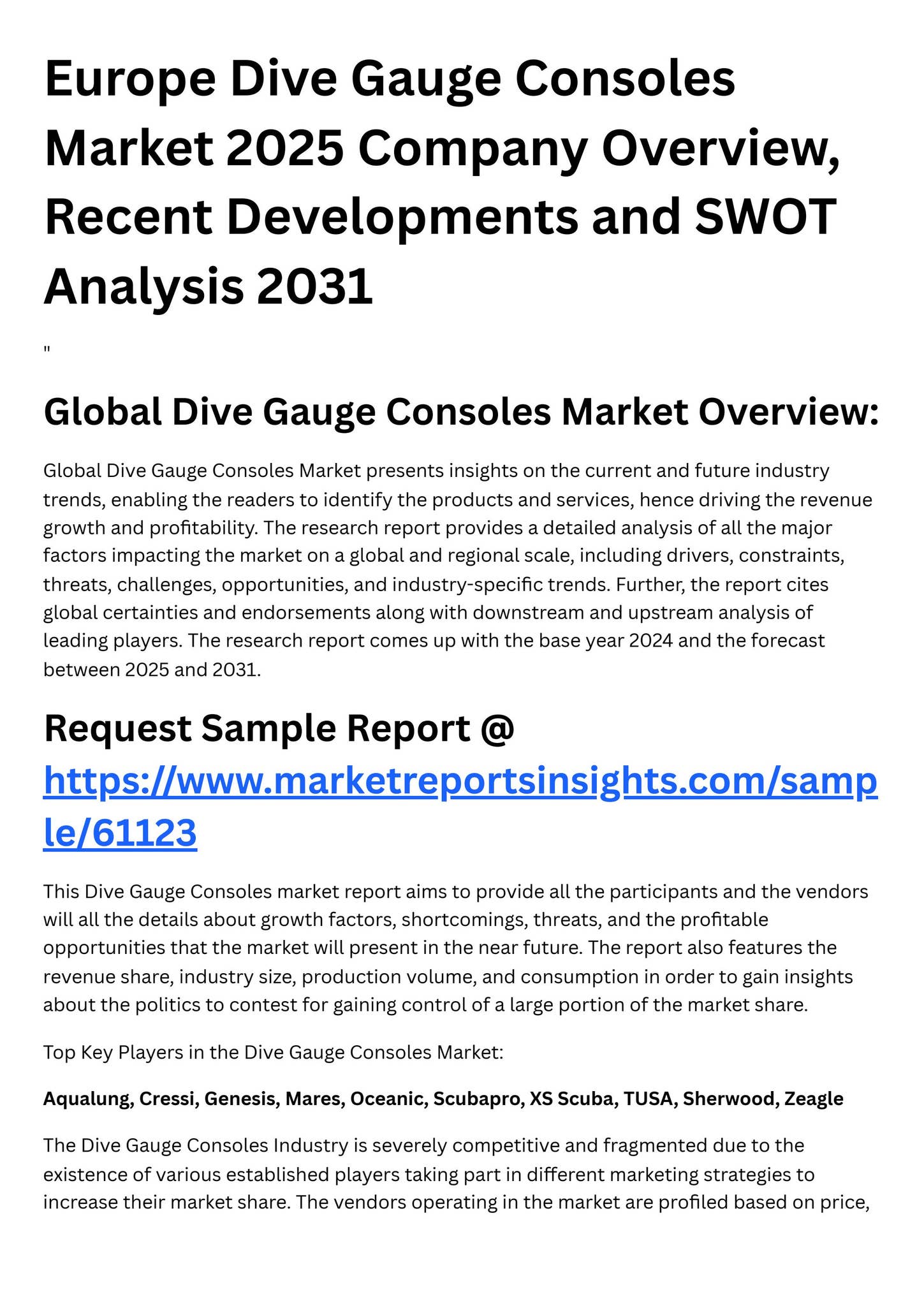 Europe Dive Gauge Consoles Market 2025 Company Overview, Recent ...