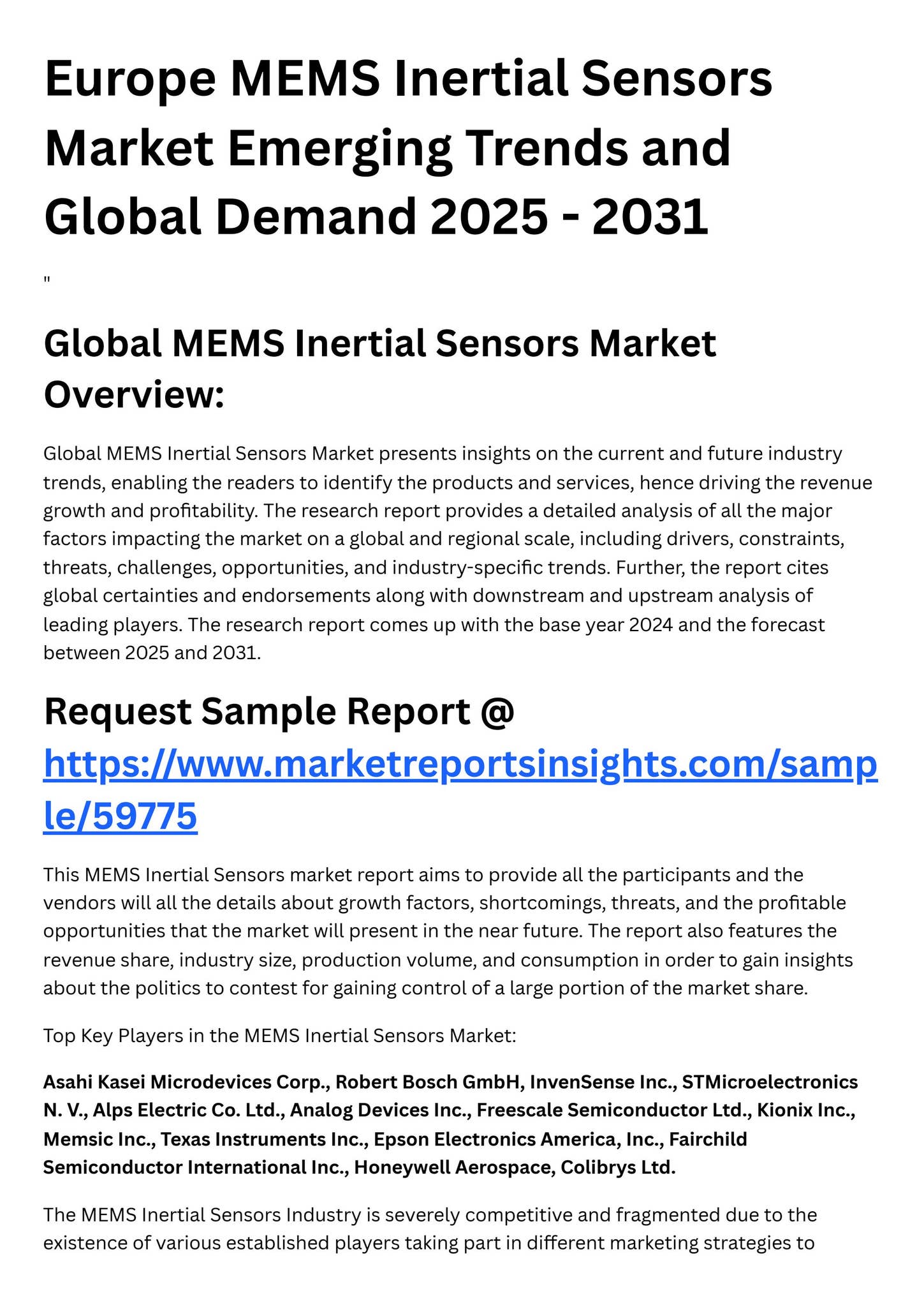 Europe MEMS Inertial Sensors Market Emerging Trends and Global Demand 2025 - 2031 by ...