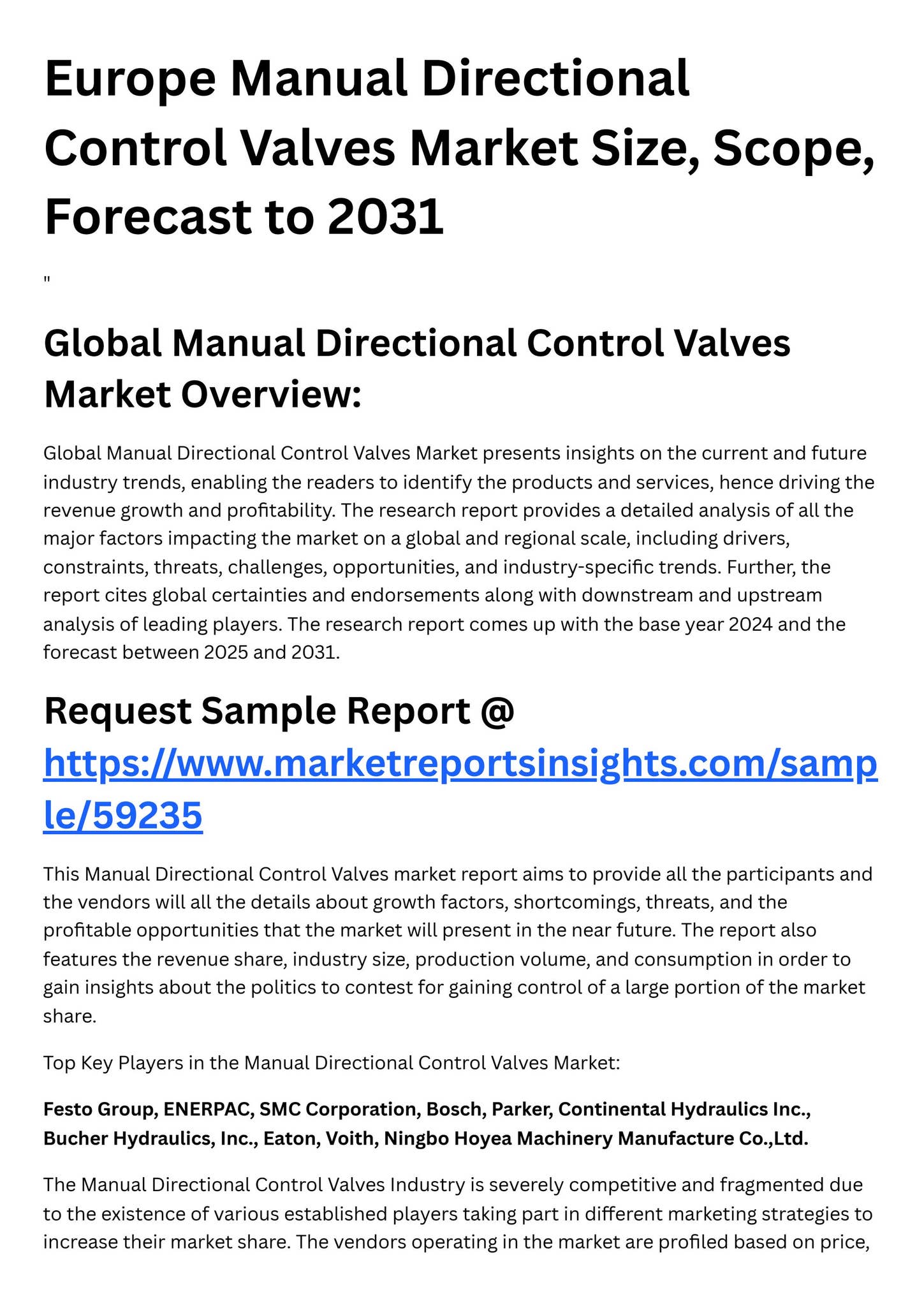 Europe Manual Directional Control Valves Market Size, Scope, Forecast ...
