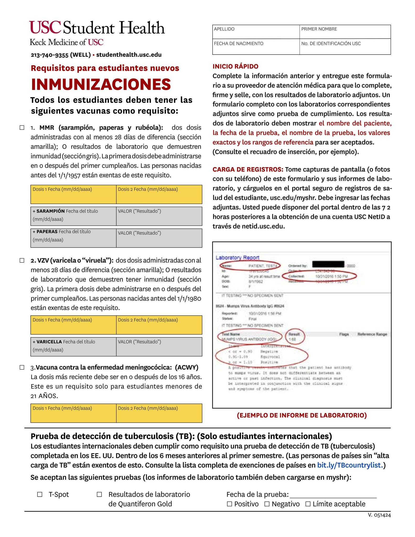 Immunization Checklist: New USC Students, Spanish by USC Campus Health ...
