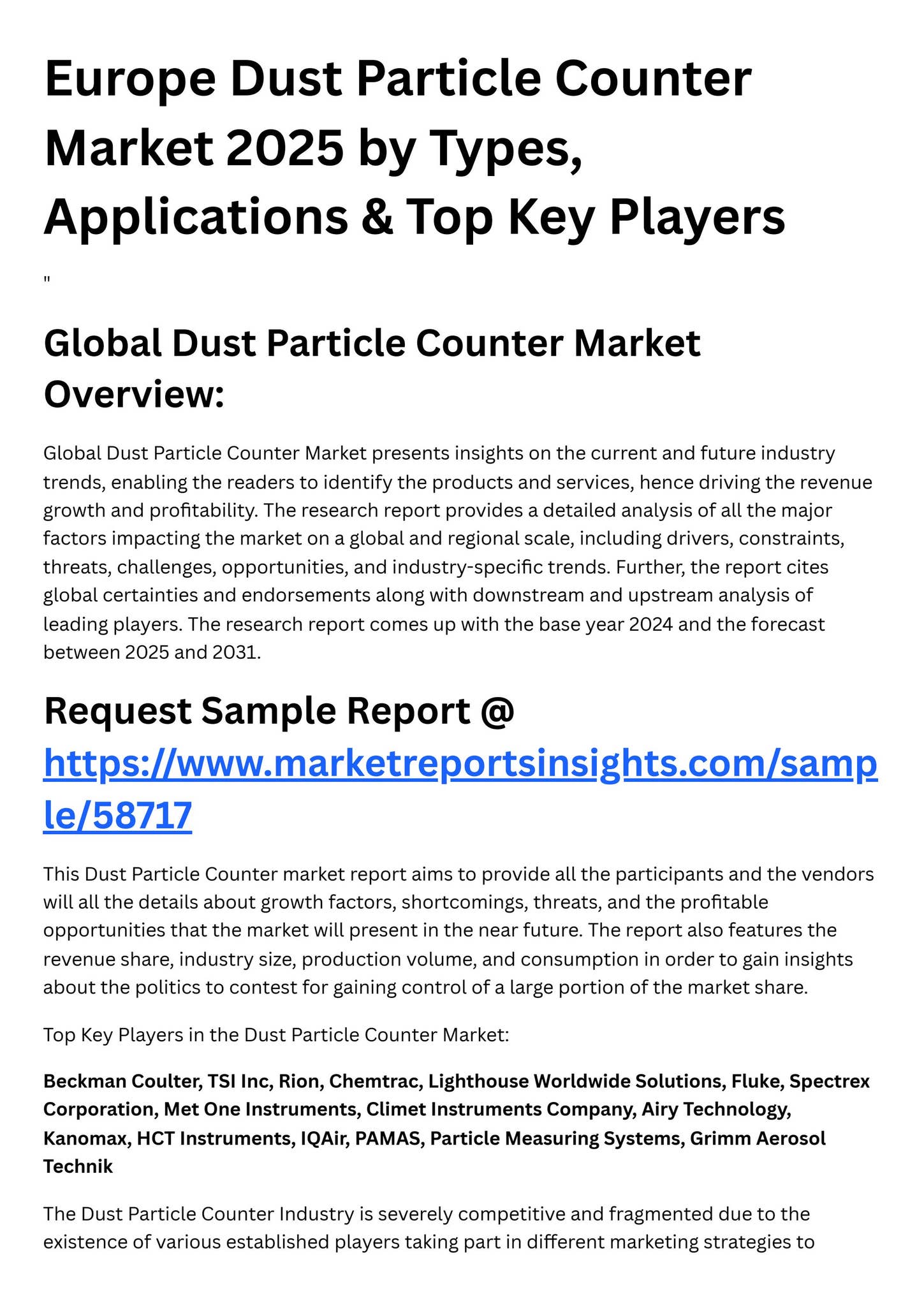 Europe Dust Particle Counter Market 2025 by Types, Applications & Top ...