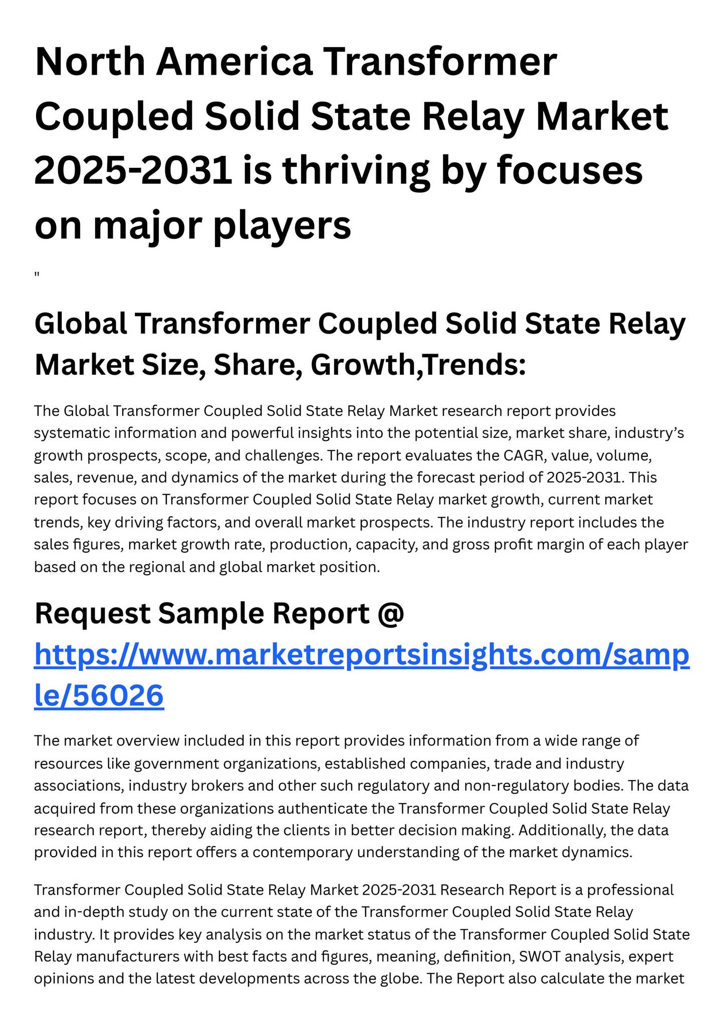 North America Transformer Coupled Solid State Relay Market 2025-2031 is ...