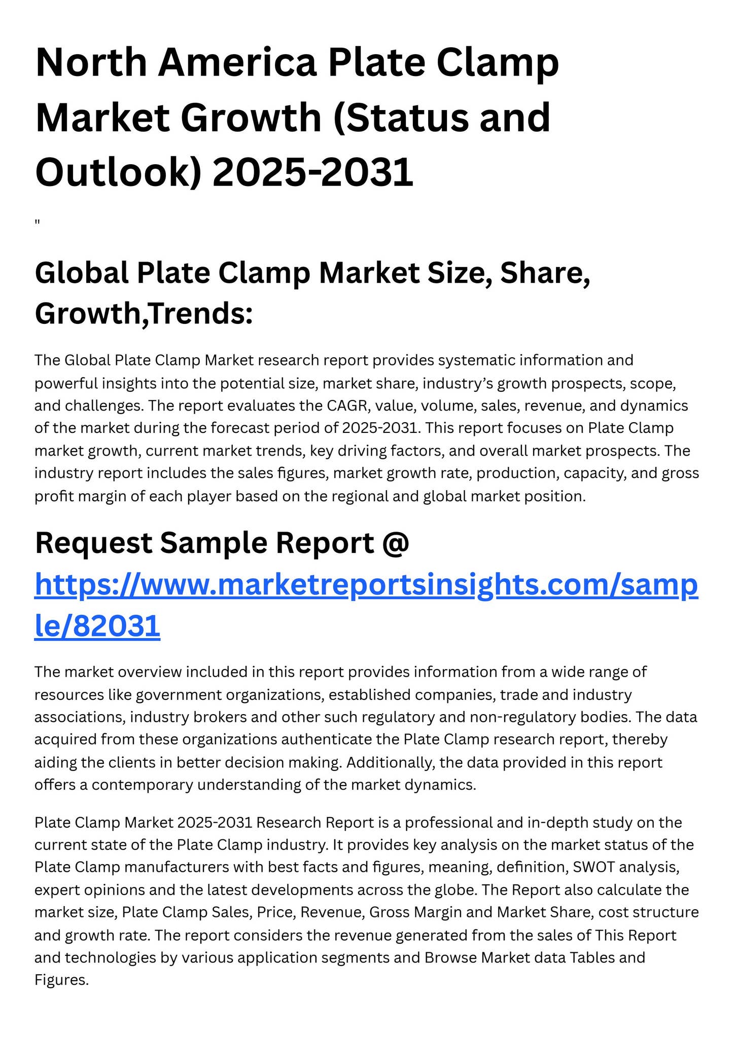 North America Plate Clamp Market Growth (Status and Outlook) 2025-2031 ...