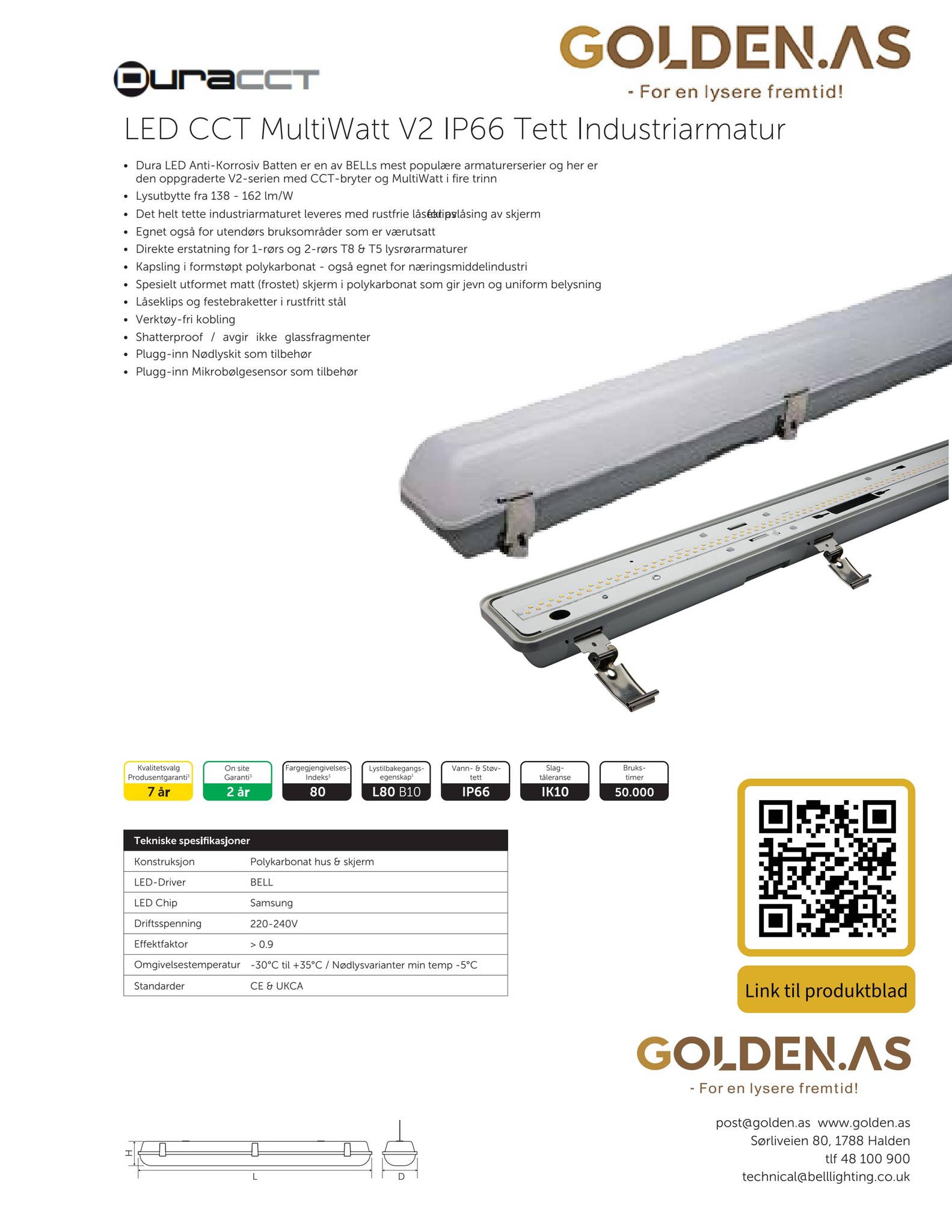 DURA LED CCT V2 IP66 Batten BELL produktblad 10275V2 GOLDEN by GOLDEN ...
