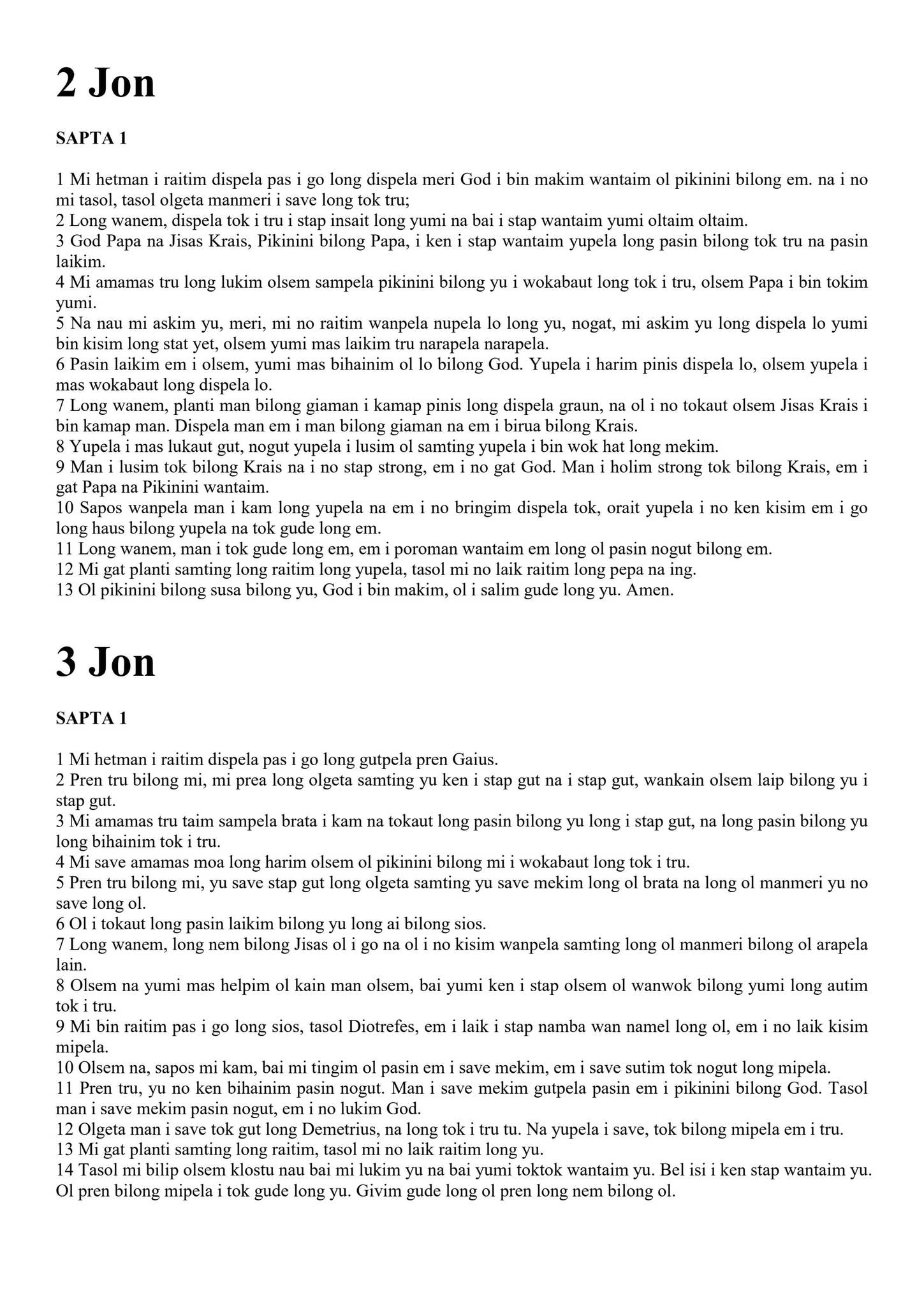 Tok Pisin - 2nd and 3rd John by Filipino Tracts and Literature Society ...