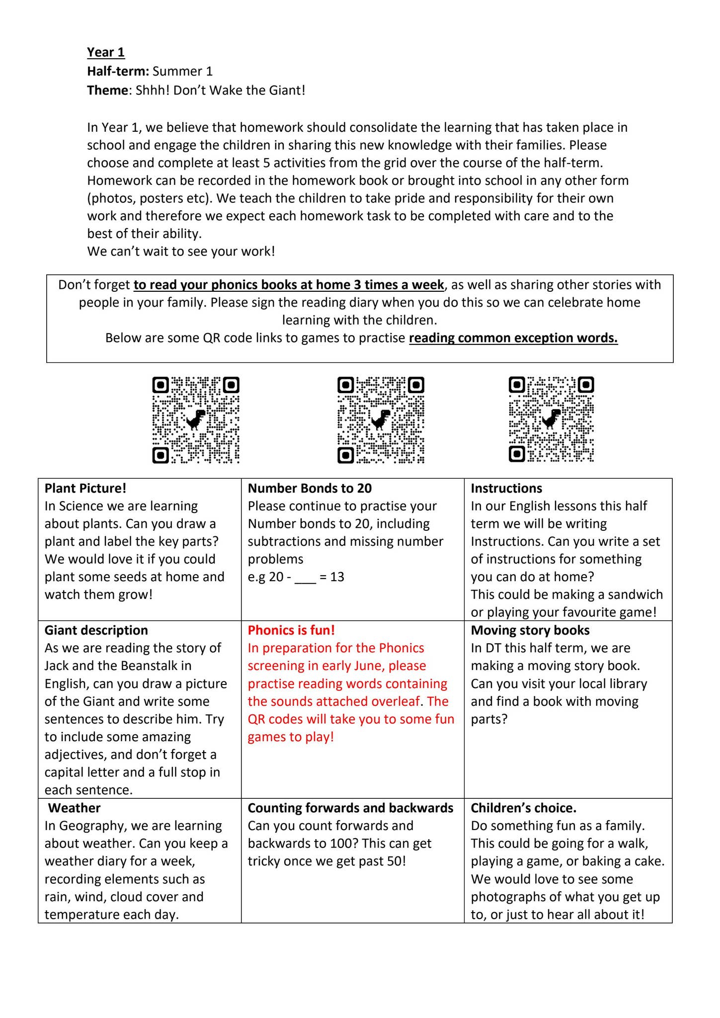 Year 1 Homework Overview - Summer 1 by Schudio - Issuu