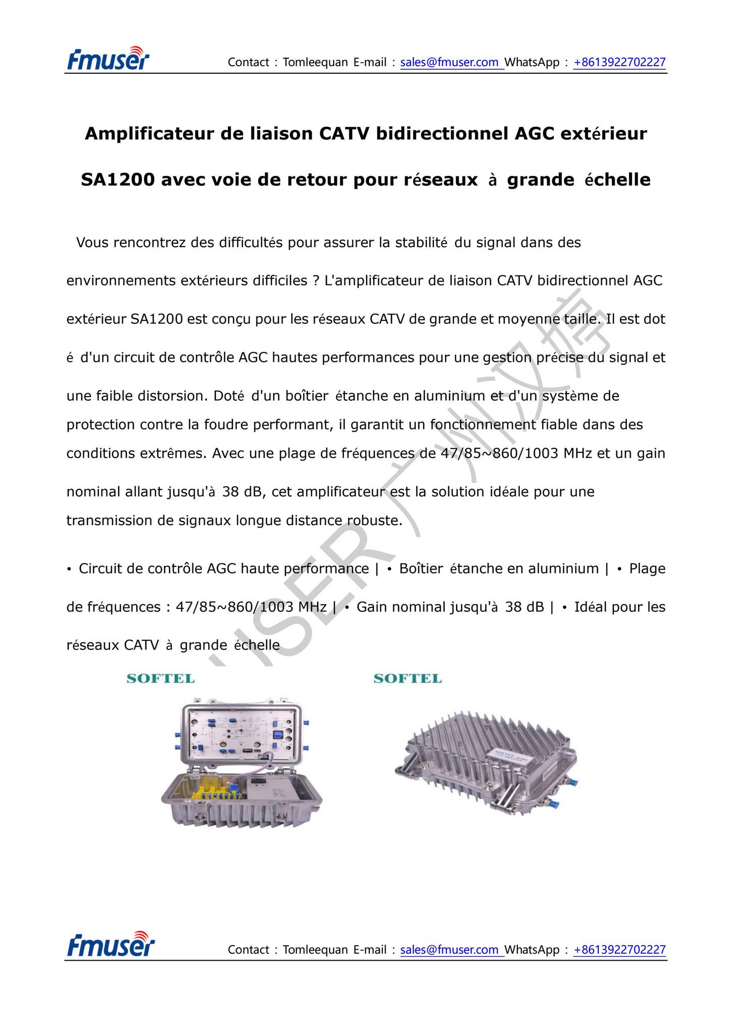 Amplificateur de liaison CATV bidirectionnel AGC extérieur SA1200 avec ...