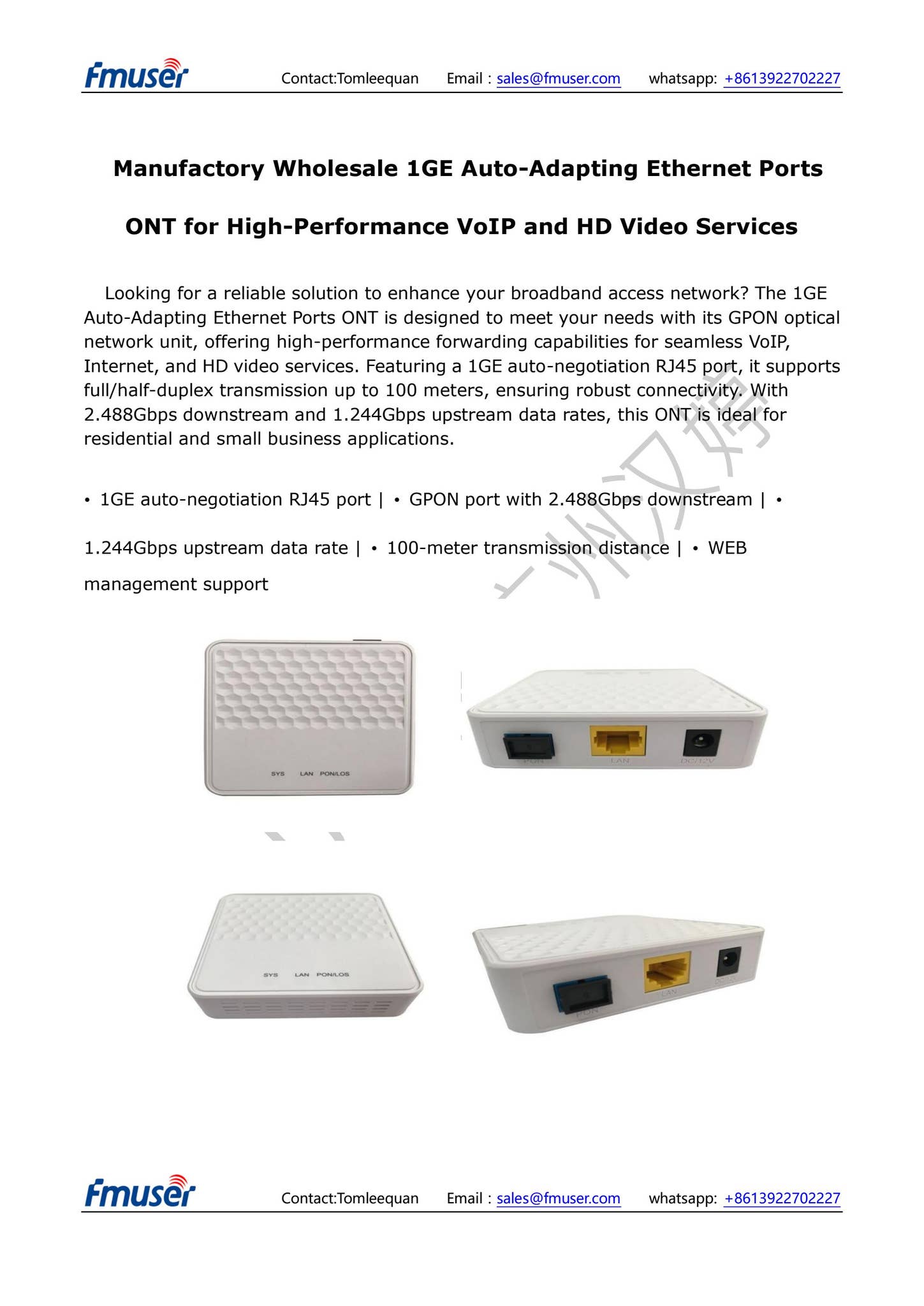 Manufactory Wholesale 1GE Auto-Adapting Ethernet Ports ONT for High ...