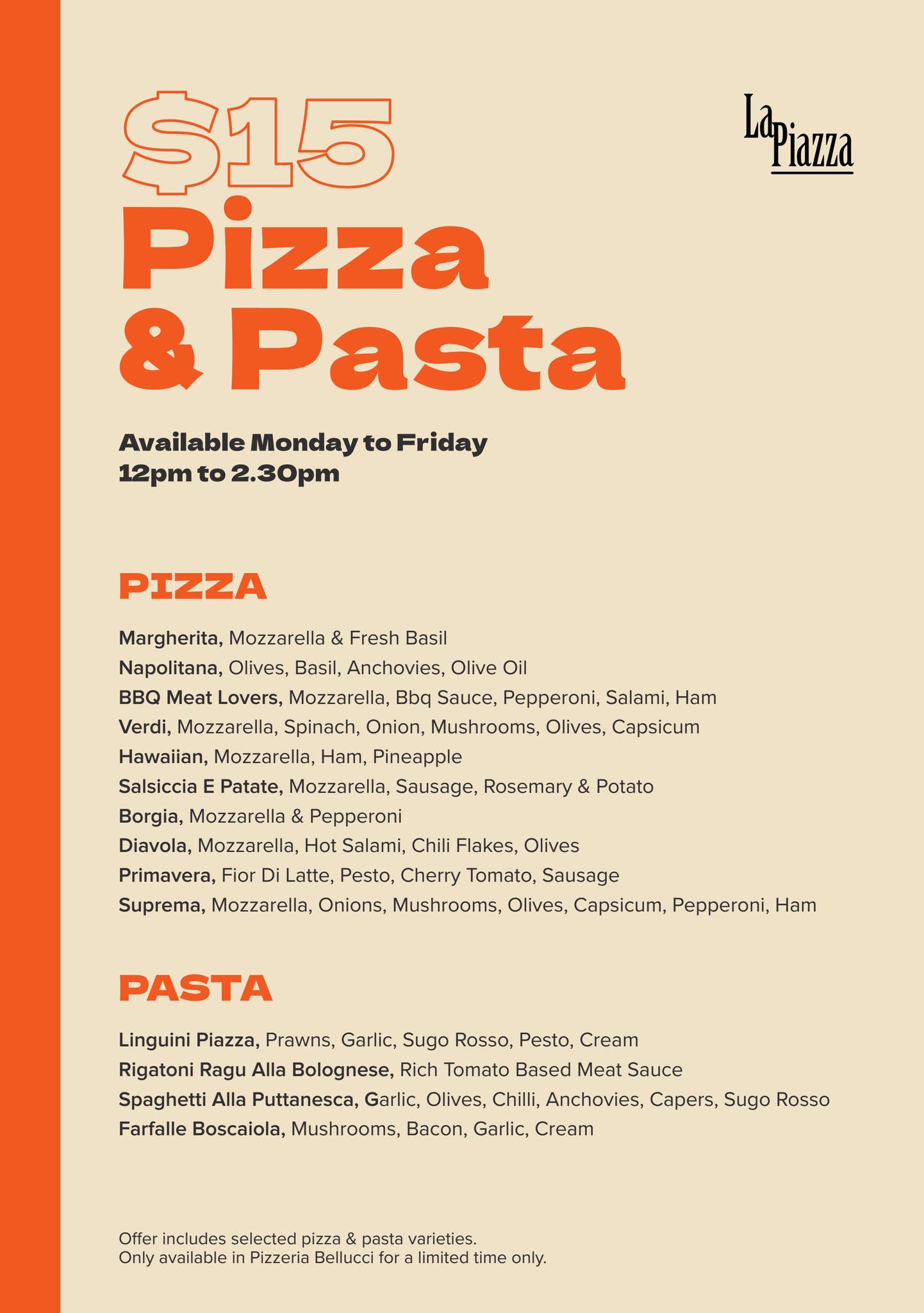 LA PIAZZA_$15 Pizza & Pasta Special_APR 25_A5 MENU by Bankstown Sports ...