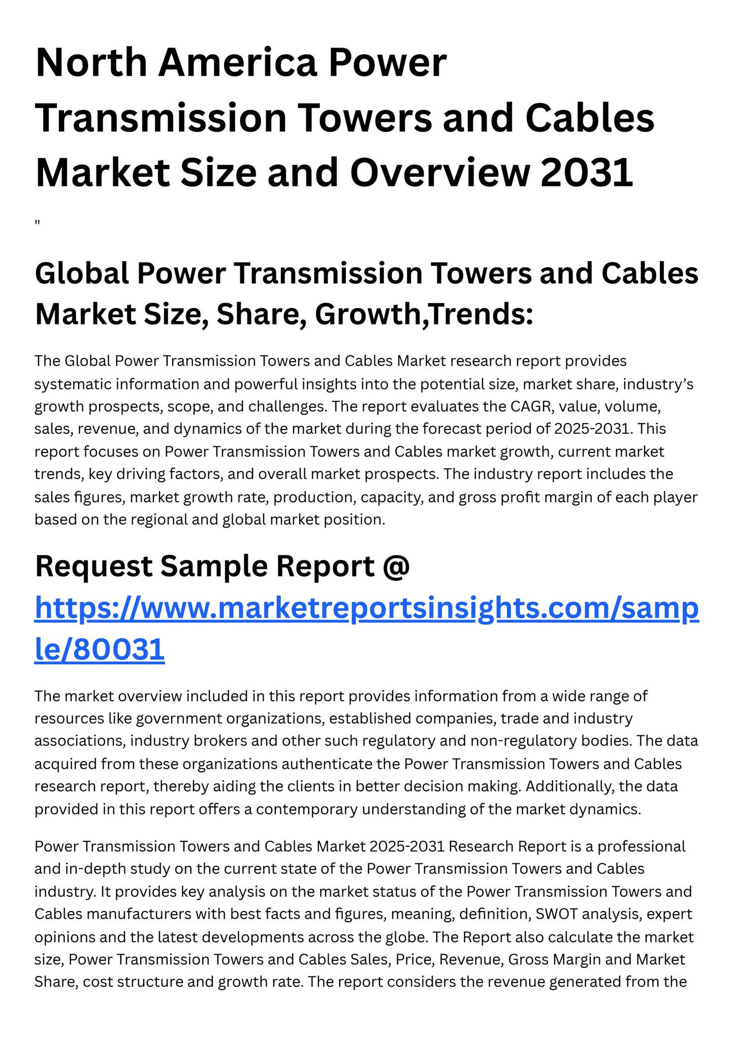 North America Power Transmission Towers and Cables Market Size and ...