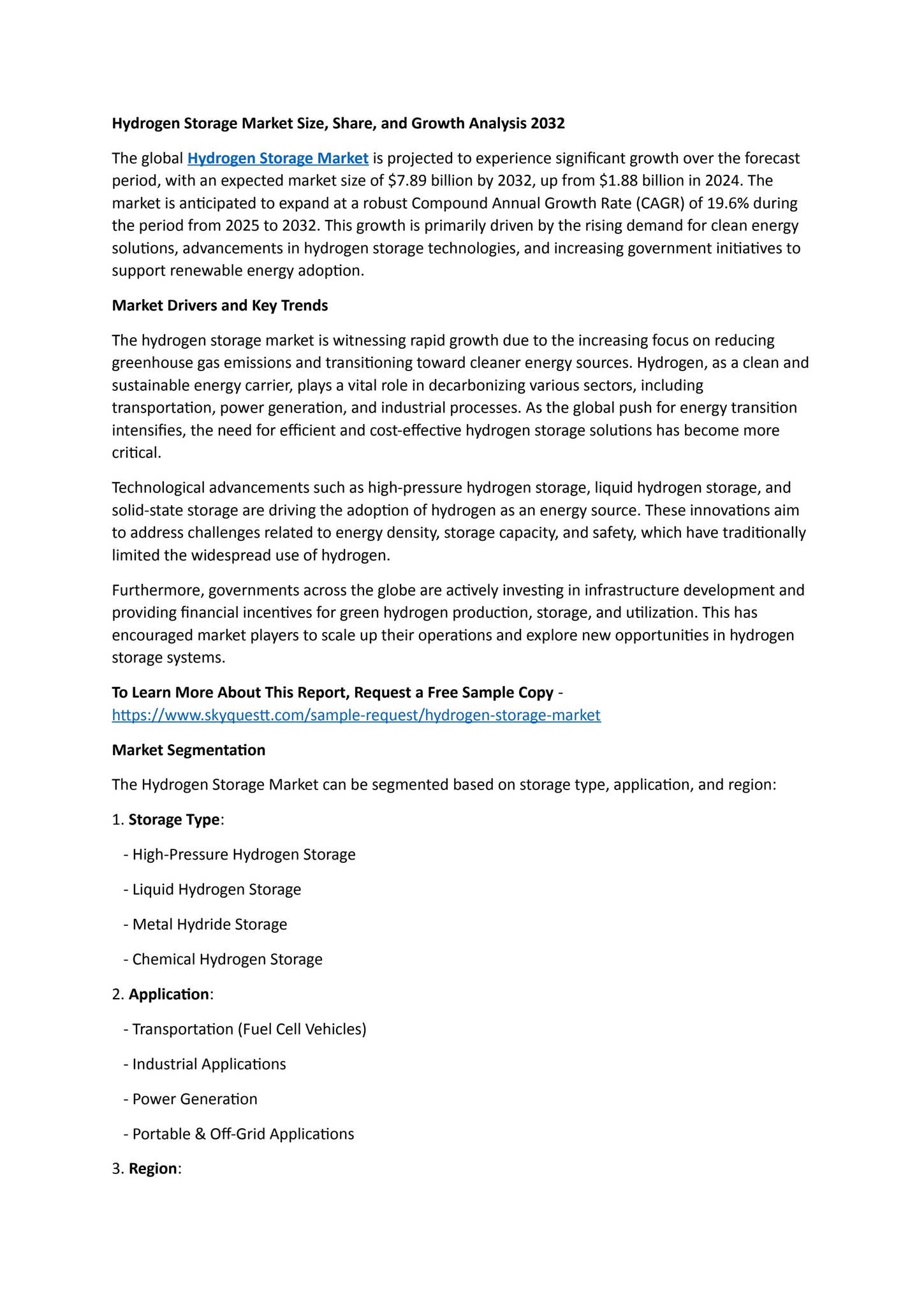 Hydrogen Storage Market Size, Share, and Growth Analysis 2032 by ...
