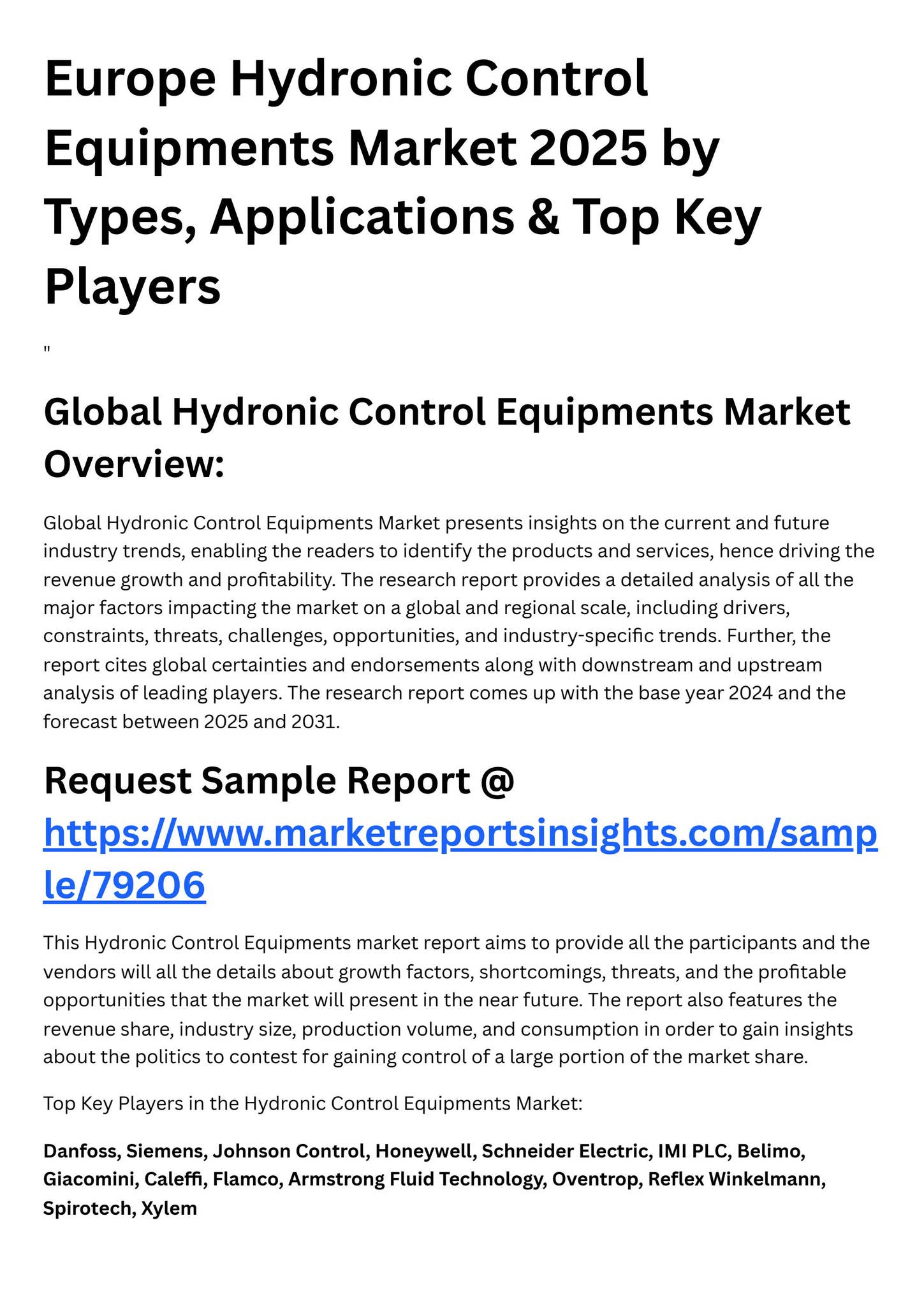 Europe Hydronic Control Equipments Market 2025 by Types, Applications ...