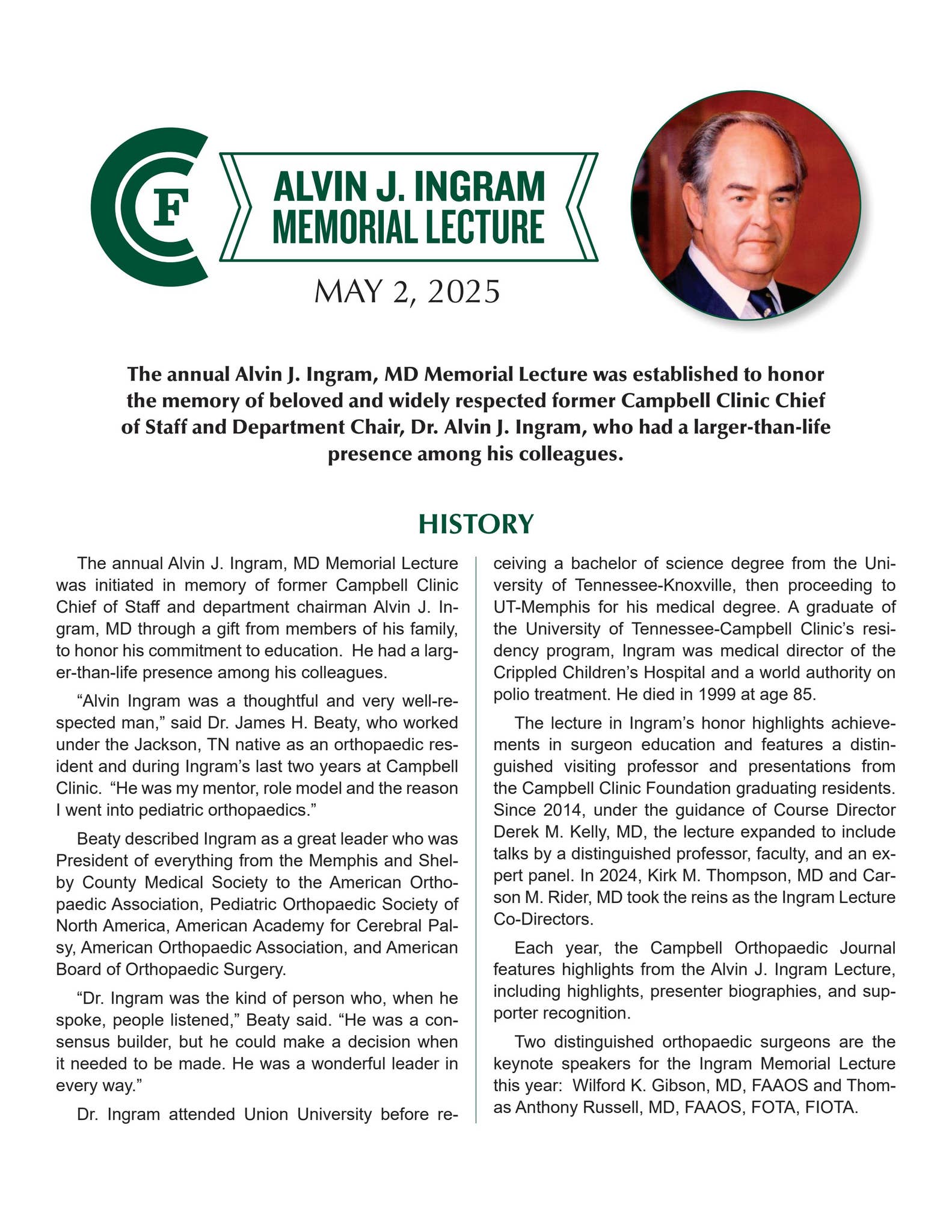 Alvin J. ingram, MD Memorial Lecture Overview by Campbell Clinic ...