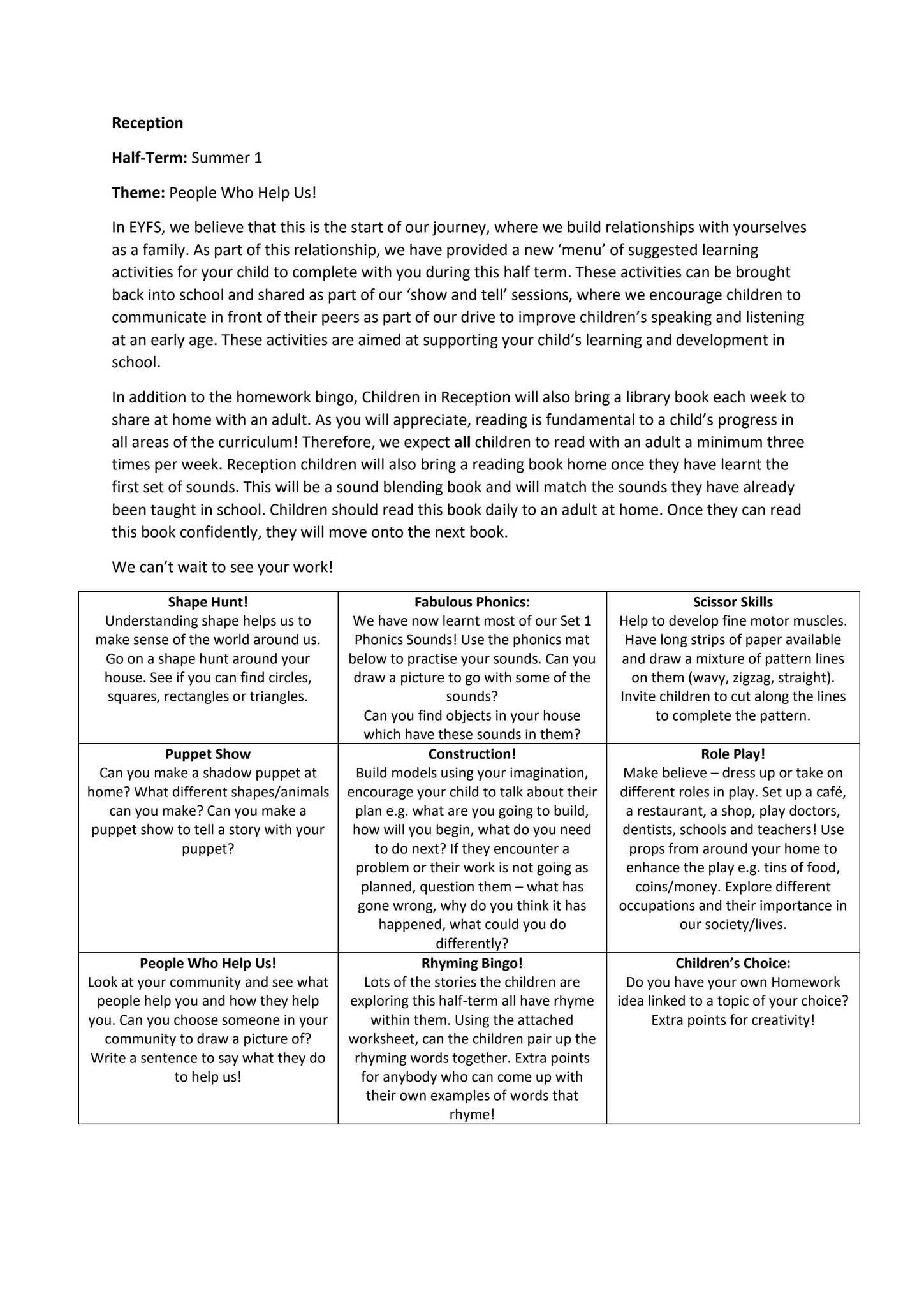 Reception Summer 1 Homework Overview by Schudio - Issuu