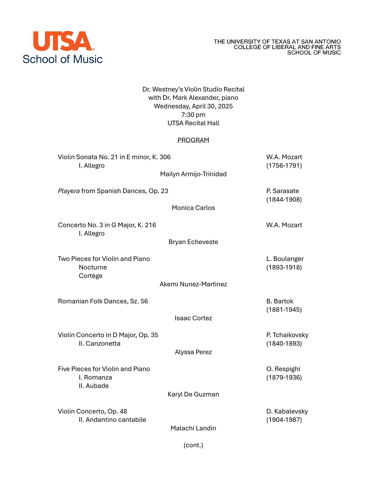 Dr. Westney’s Violin Studio Recital 30 May 25 by UTSA School of Music ...