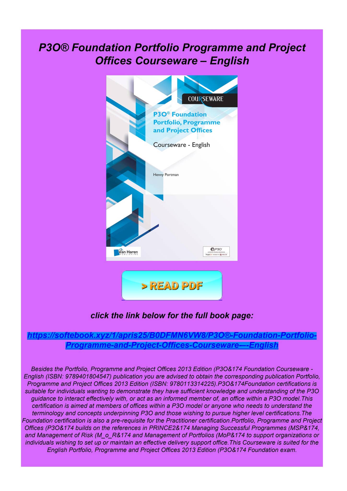 EPUB P3O® Foundation Portfolio Programme and Project Offices Coursewar ...