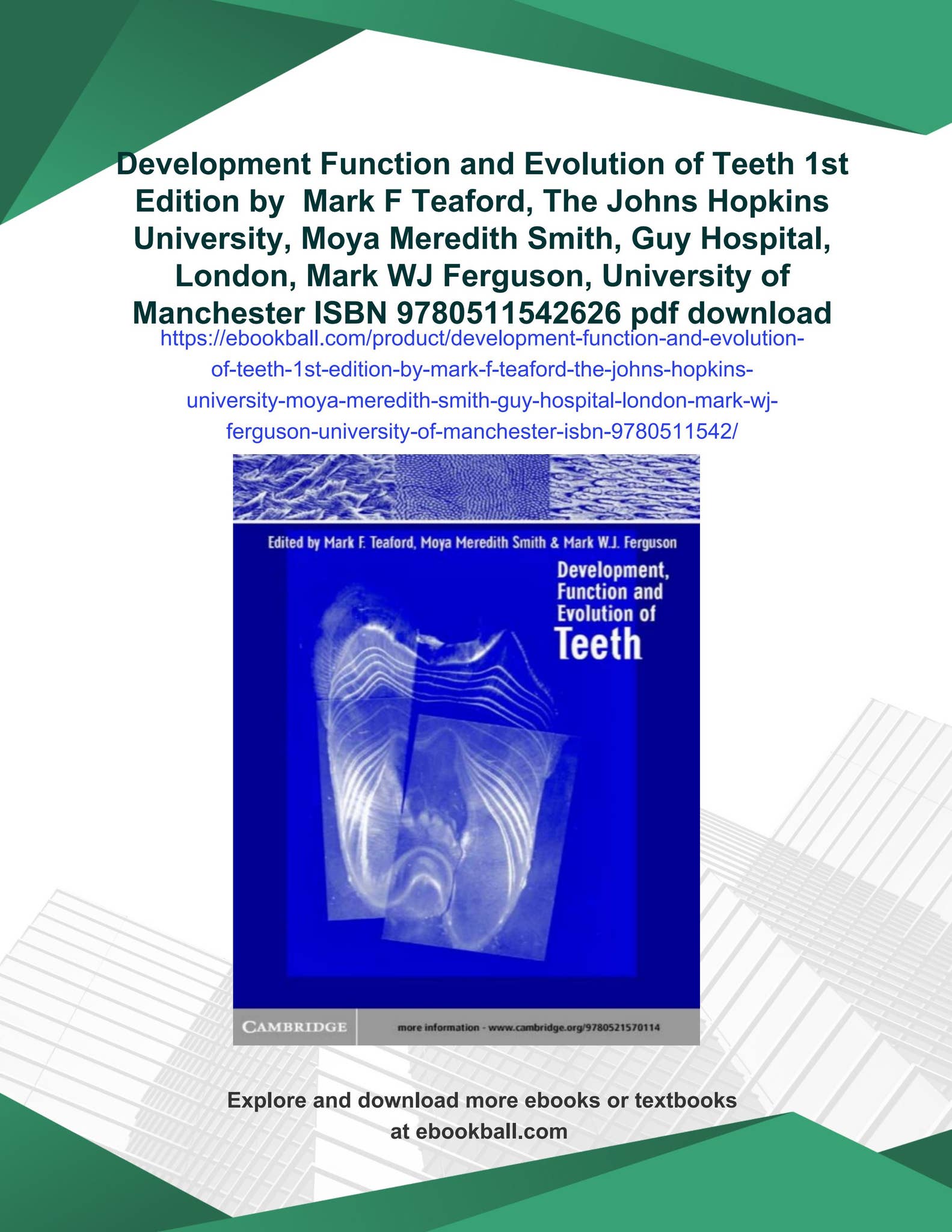 Development function and evolution of teeth 1st edition by mark f ...