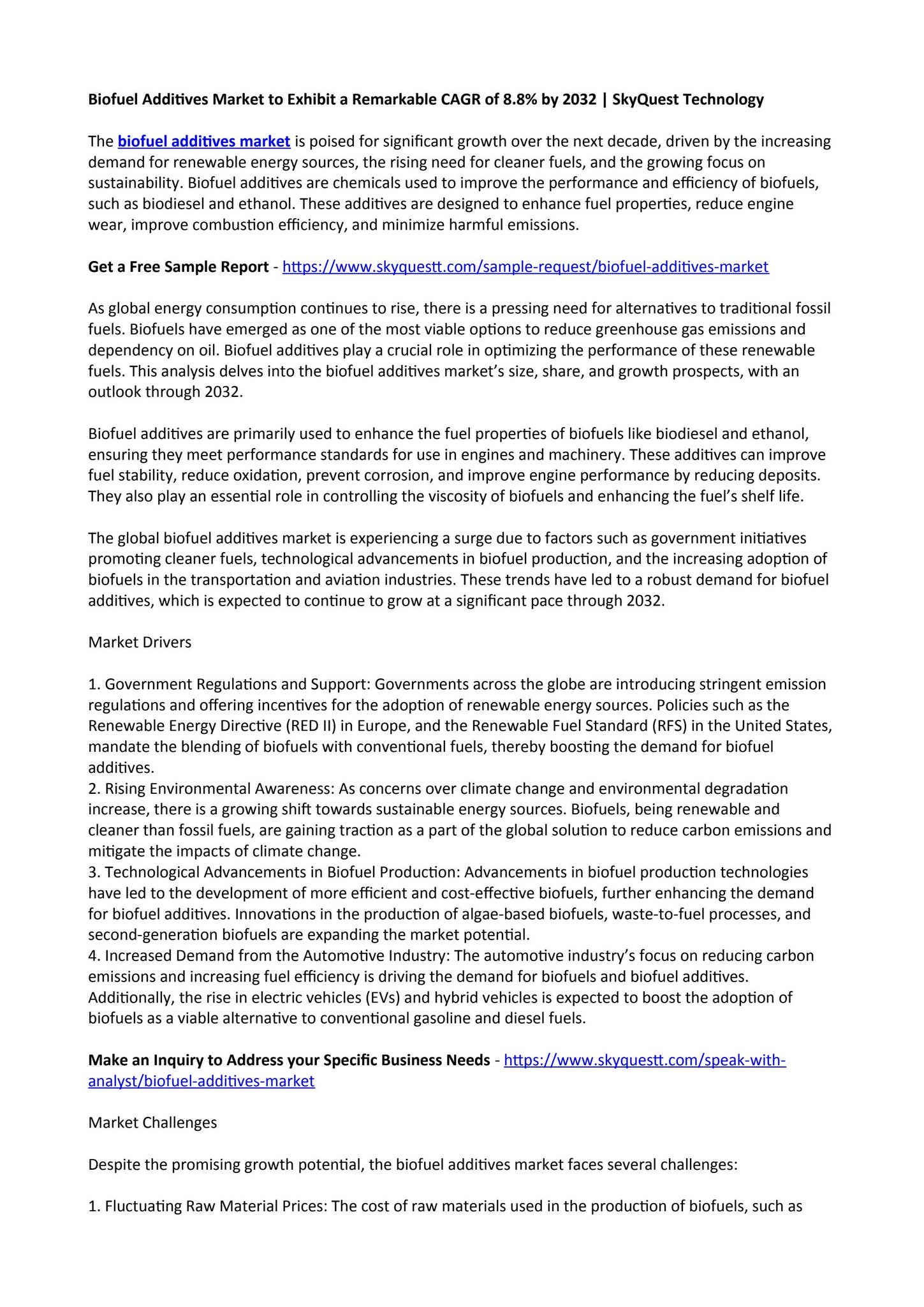 Biofuel Additives Market to Exhibit a Remarkable CAGR of 8.8% by 2032 ...
