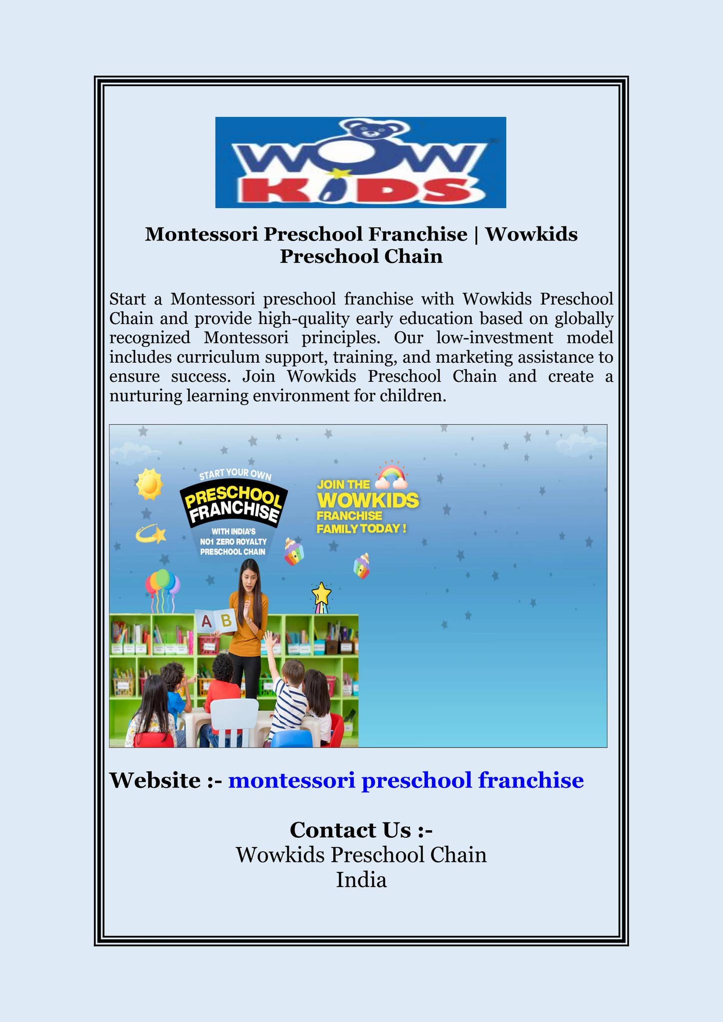 Montessori Preschool Franchise | Wowkids Preschool Chain by Wowkids ...