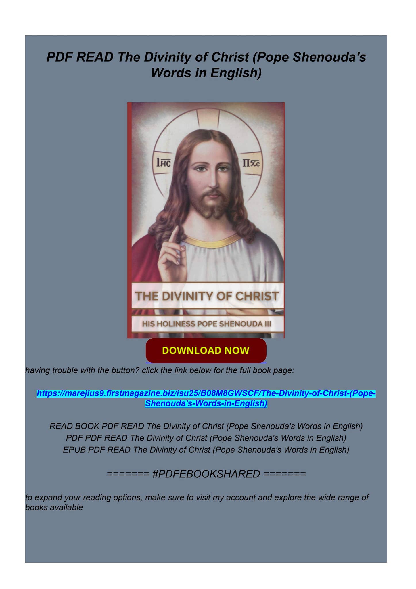 PDF READ The Divinity of Christ (Pope Shenouda's Words in English) by adonistaekavila - Issuu