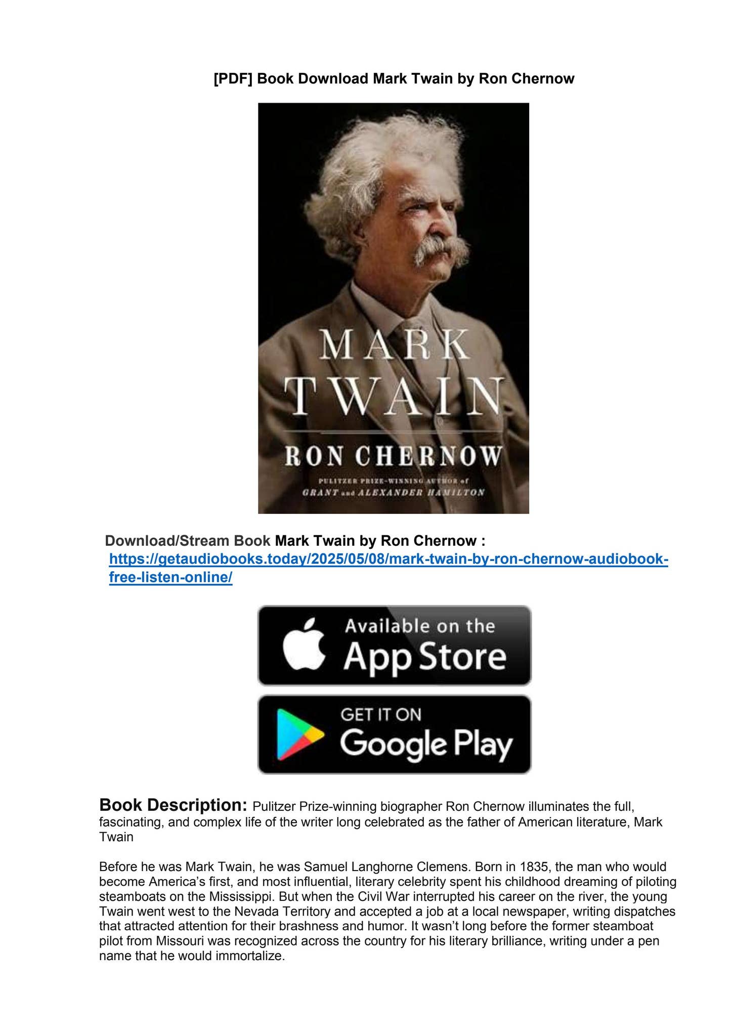 (PDF) Book Download Mark Twain by Ron Chernow by Karl Kruger - Issuu
