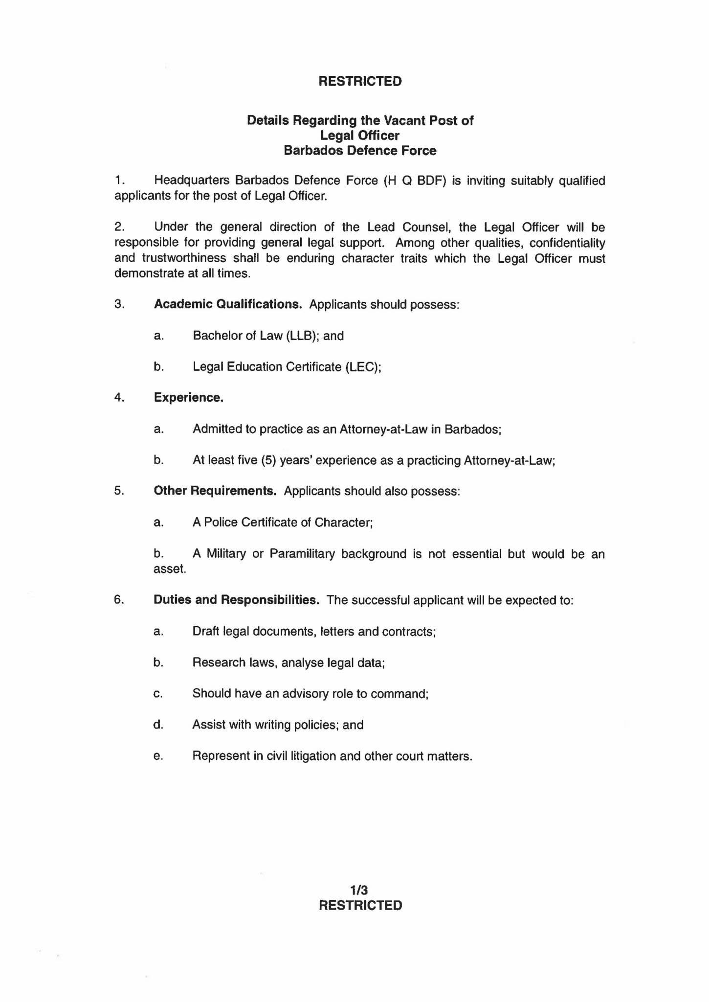 BDF Legal Officer Vacancy Notice by barbadosdefenceforce - Issuu