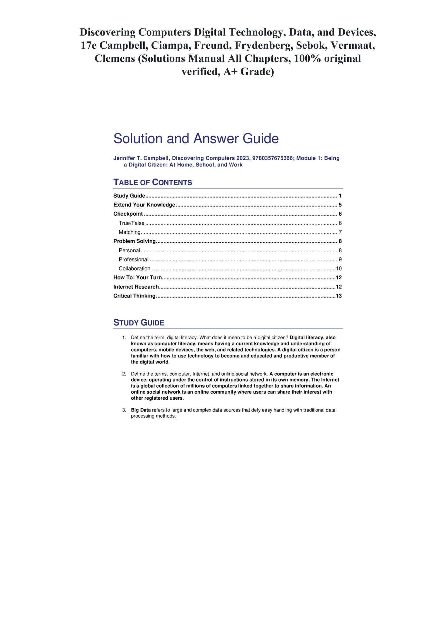 Solutions Manual for Discovering Computers Digital Technology, Data, and Devices 17th Edition By ...