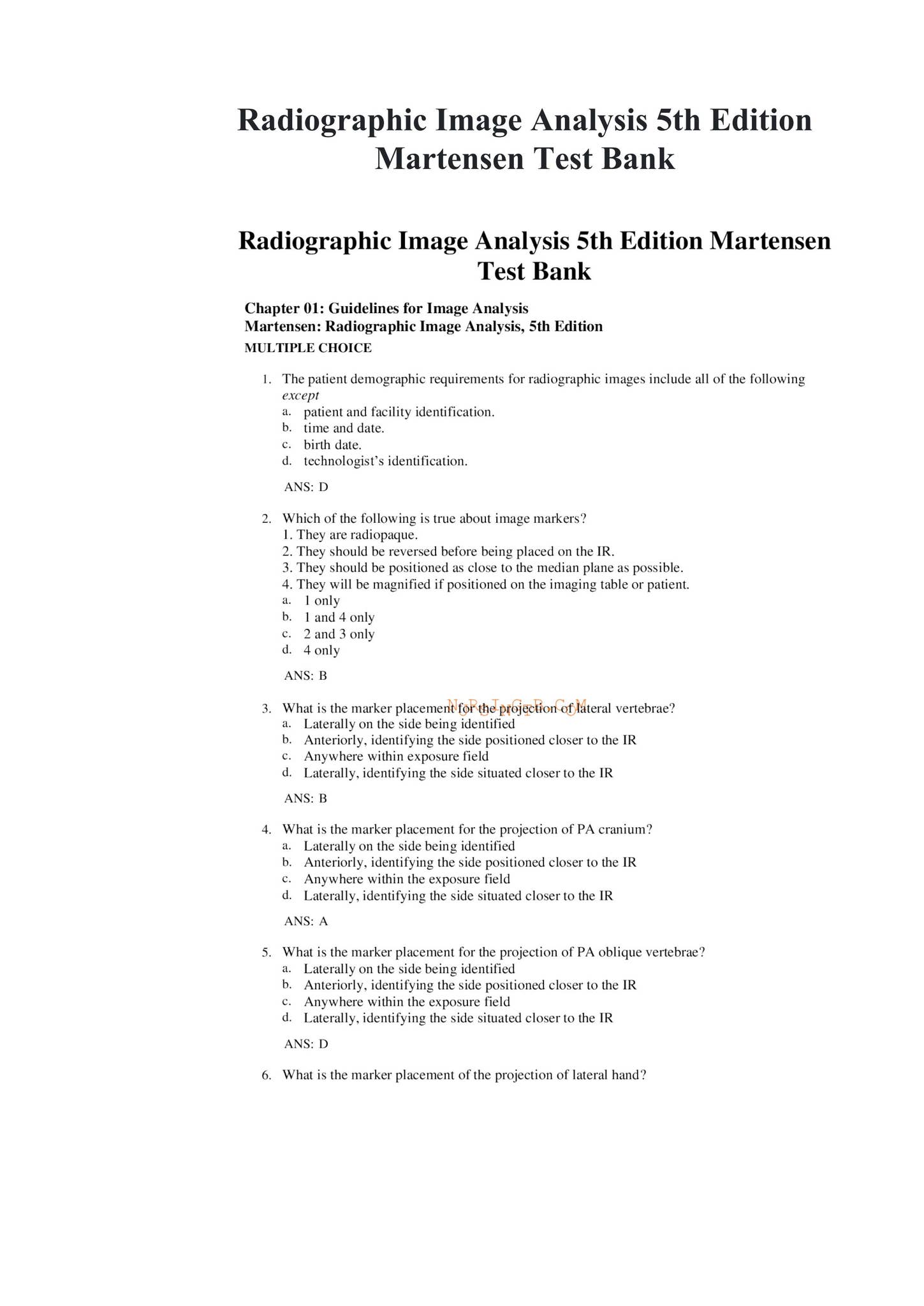 Test Bank for Radiographic Image Analysis 5th Edition Kathy Mcquillen ...