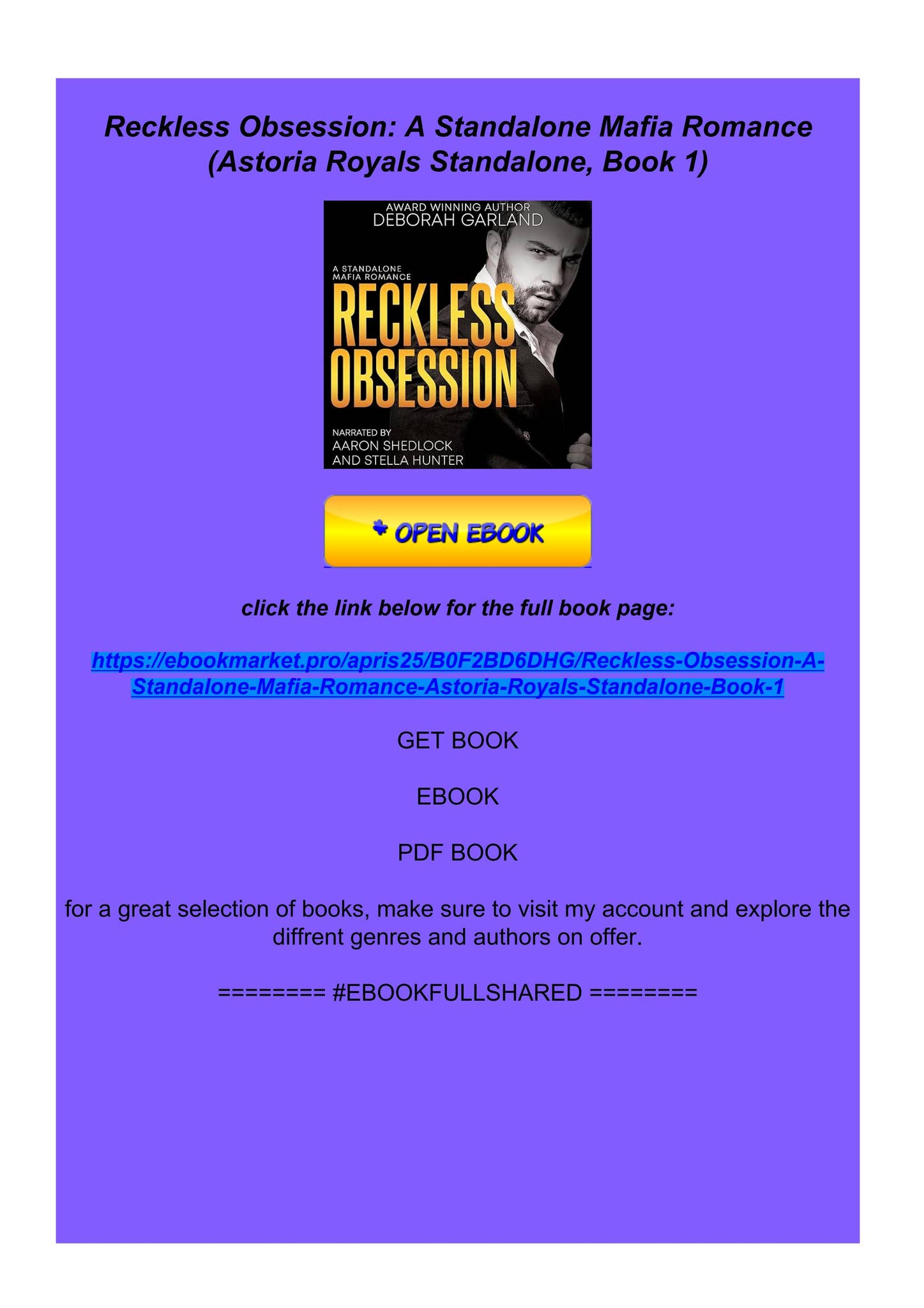 PDF Read Online Reckless Obsession: A Standalone Mafia Romance (Astori ...