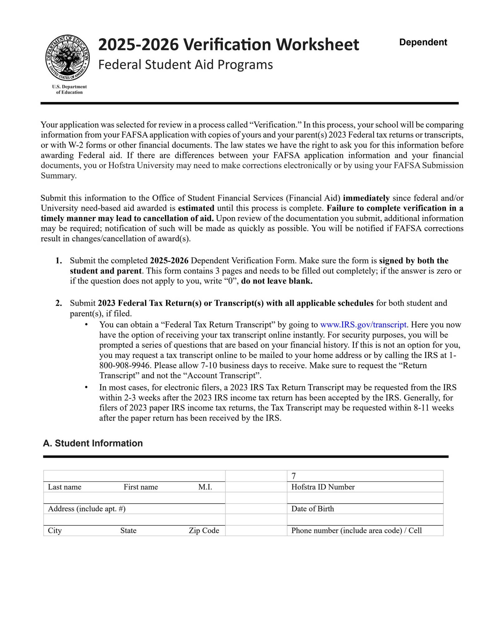 2025-2026 Verification Worksheet - Dependent by Hofstra University - Issuu