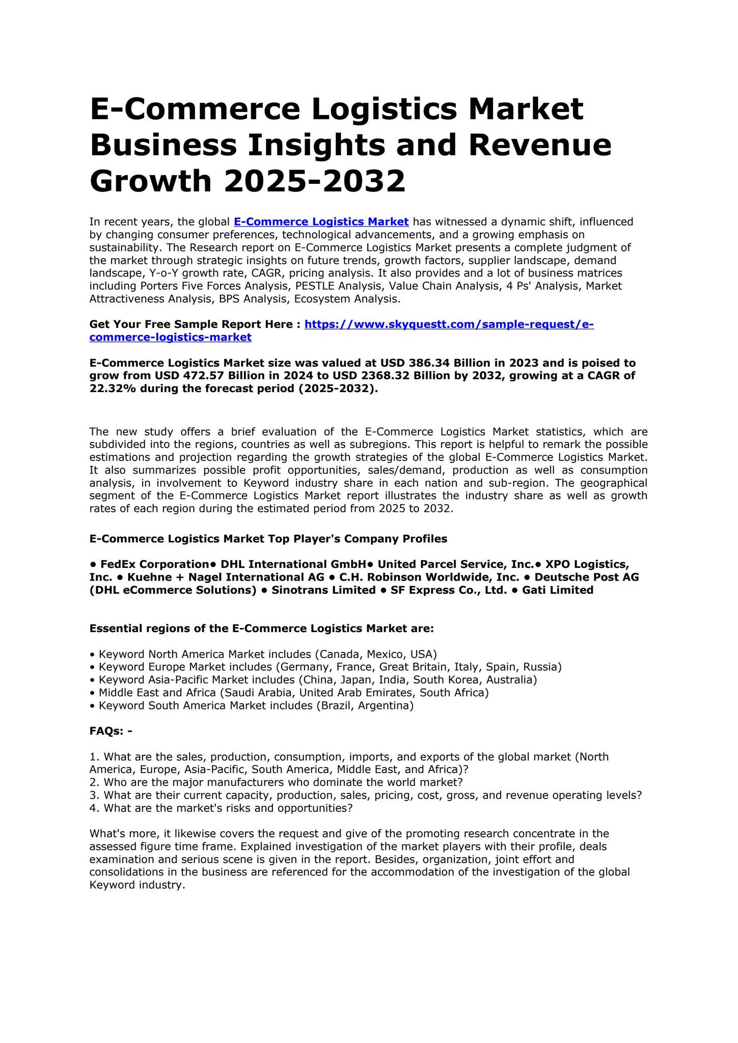 E-Commerce Logistics Market Business Insights and Revenue Growth 2025-2032 by SkyQuest ...