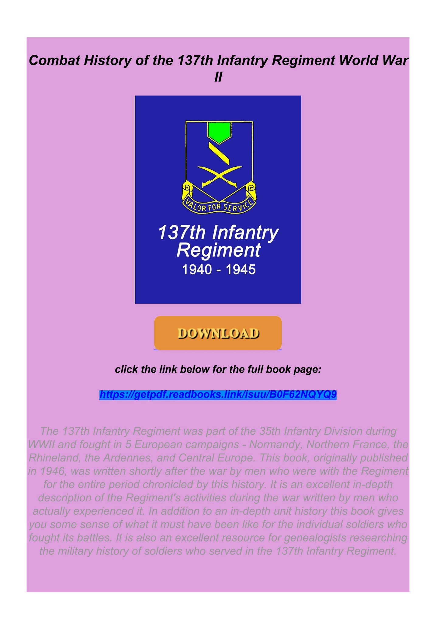 READ Combat History of the 137th Infantry Regiment World War II by ...