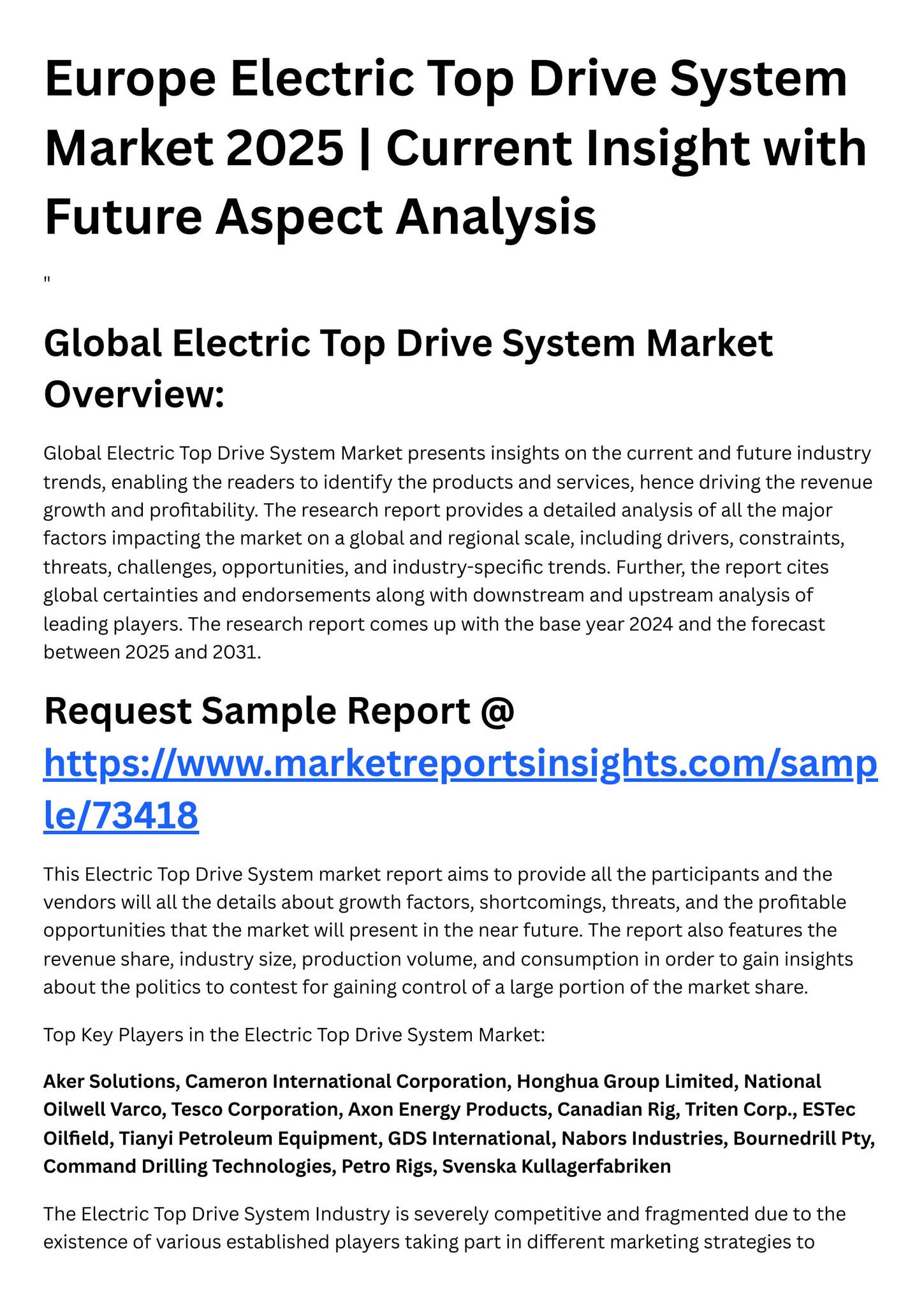 Europe Electric Top Drive System Market 2025 Current Insight with ...