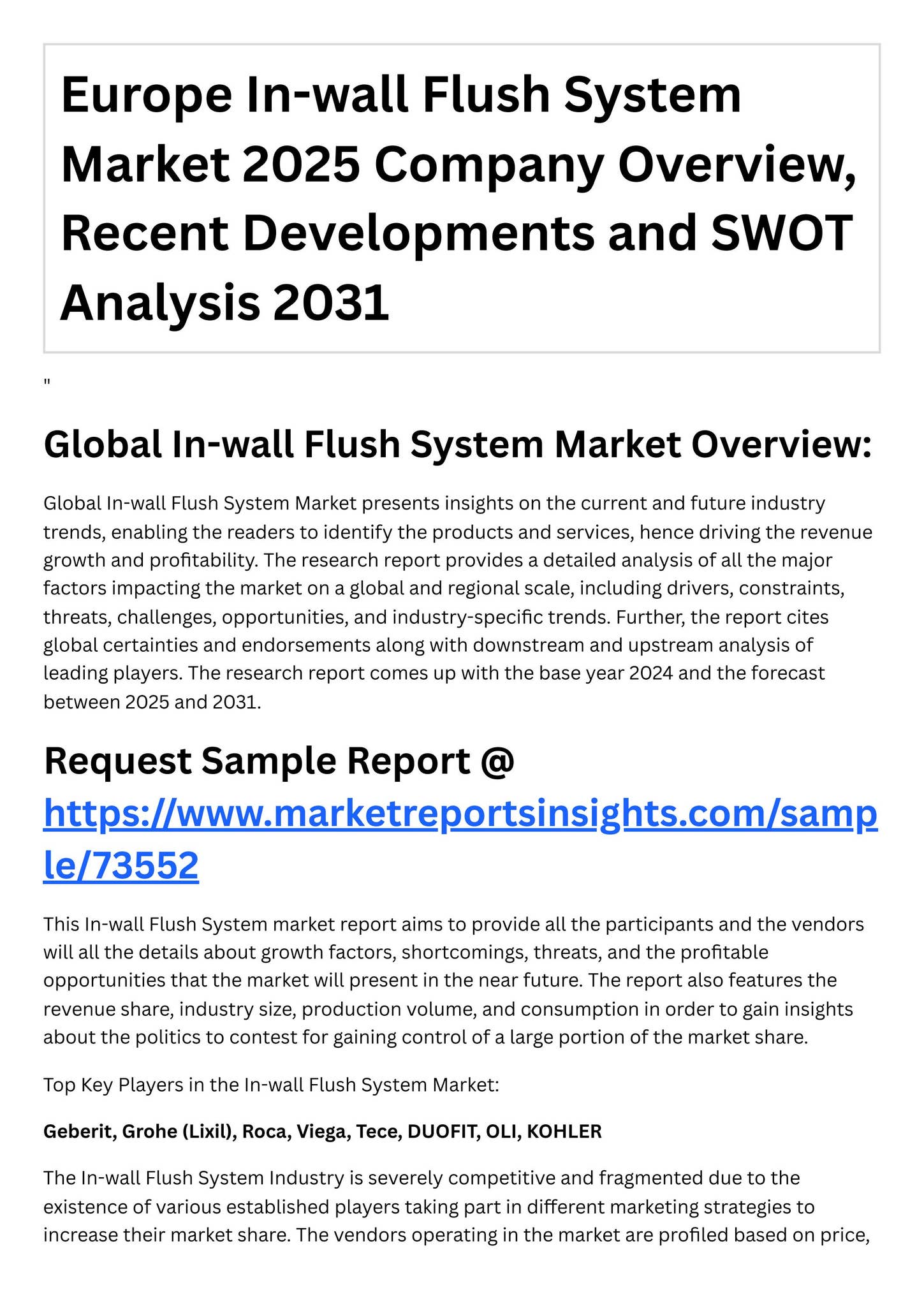 Europe In-wall Flush System Market 2025 Company Overview, Recent ...