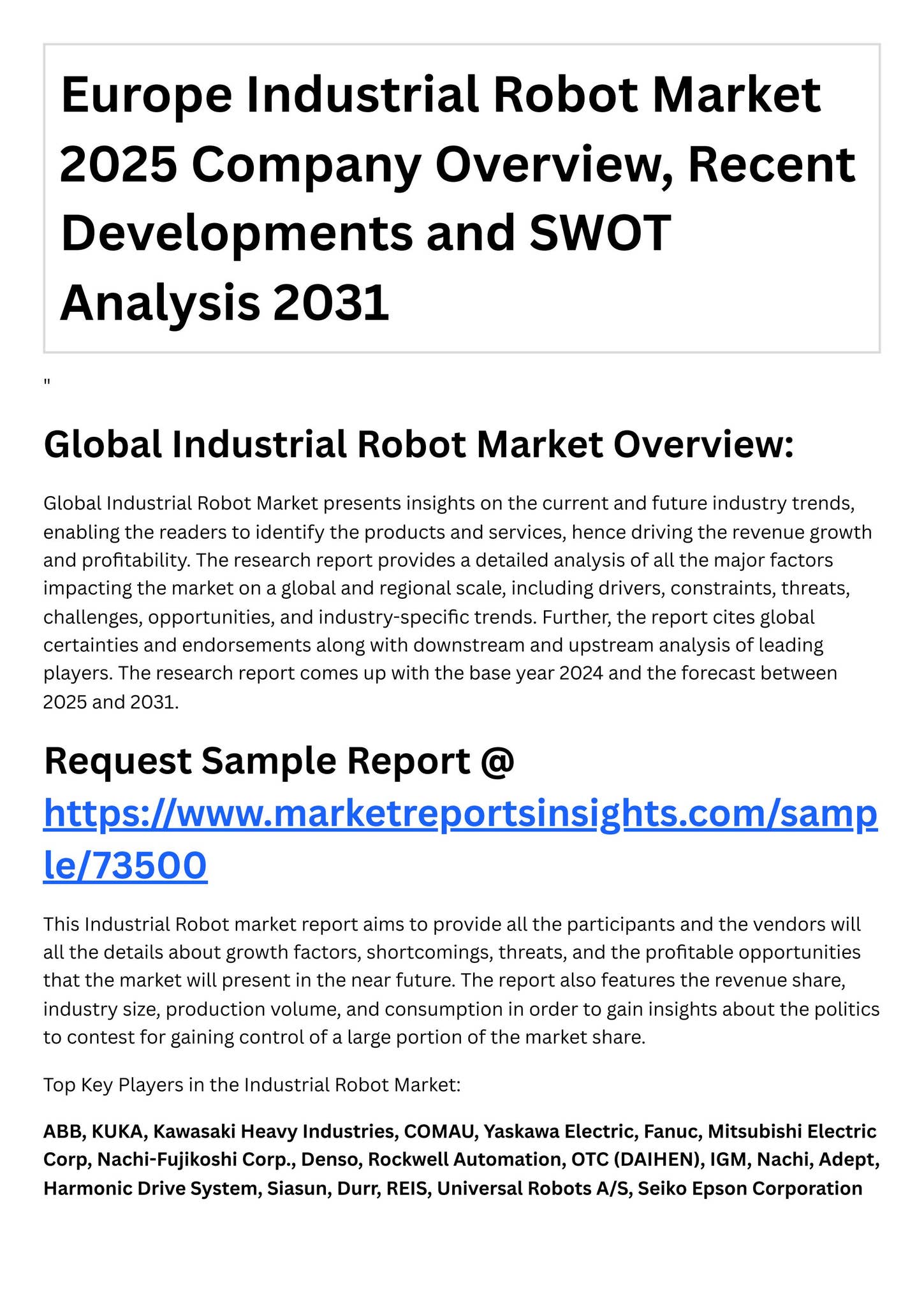 Europe Industrial Robot Market 2025 Company Overview, Recent ...