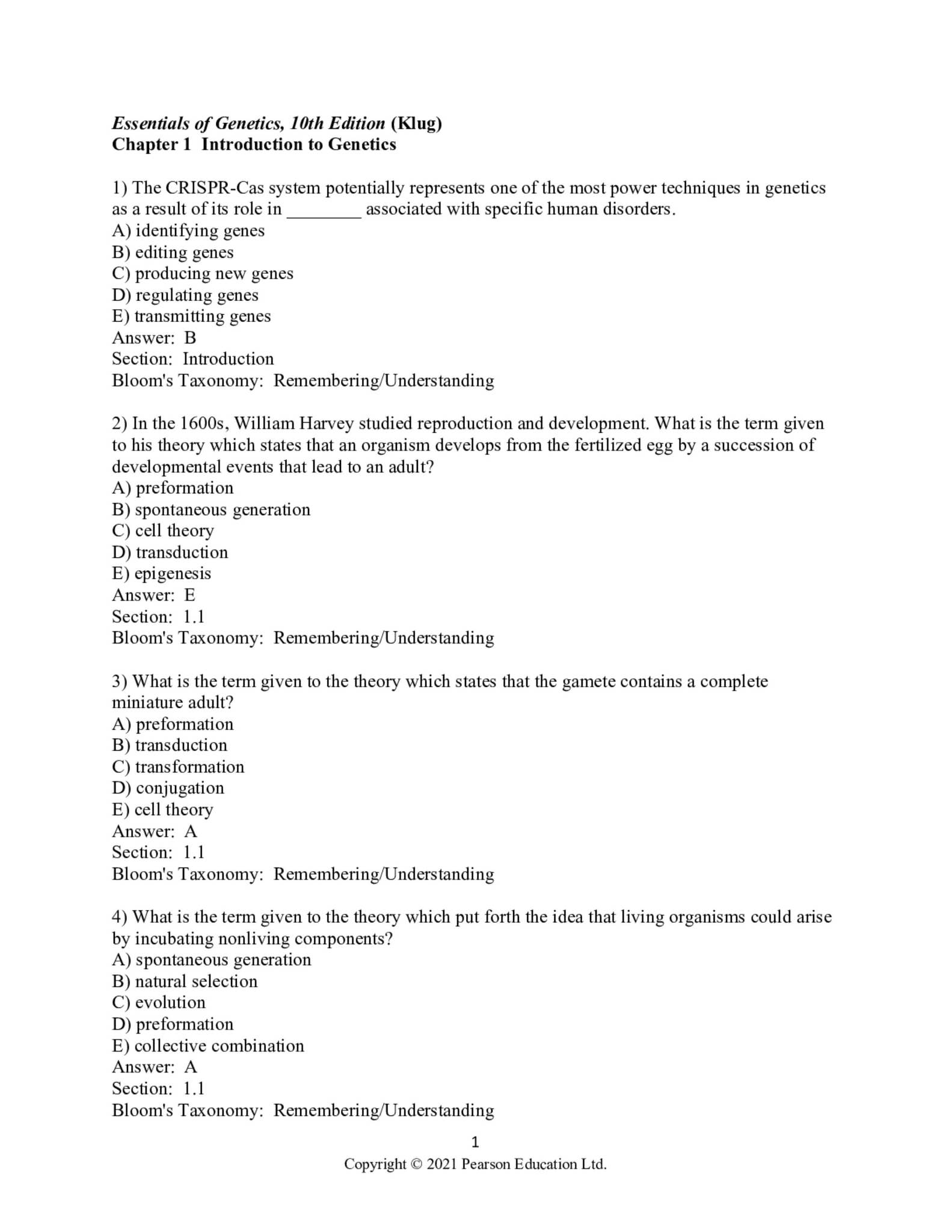 Test Bank for Essentials of Genetics, 10th Edition by Klug; Cummings ...