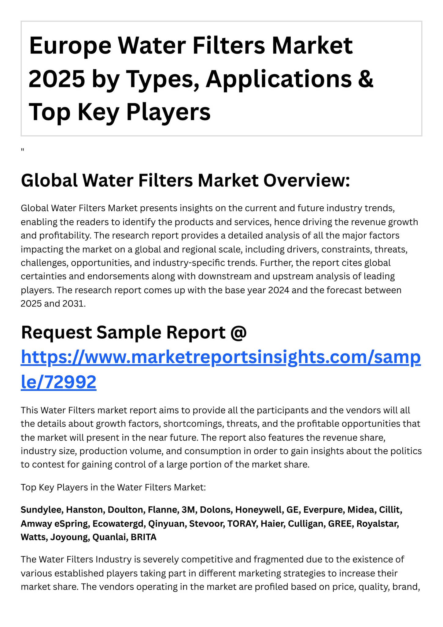 Europe Water Filters Market 2025 by Types, Applications & Top Key ...