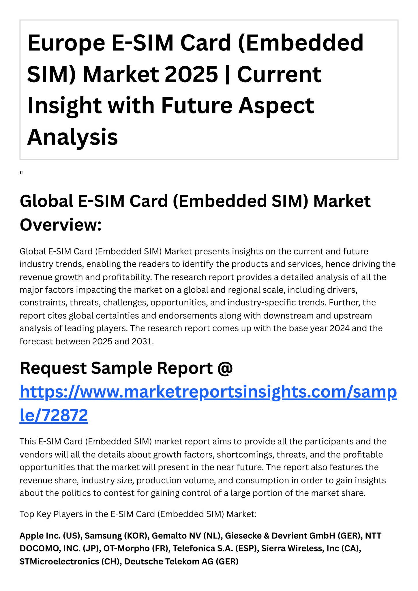 Europe E-SIM Card (Embedded SIM) Market 2025 | Current Insight with ...