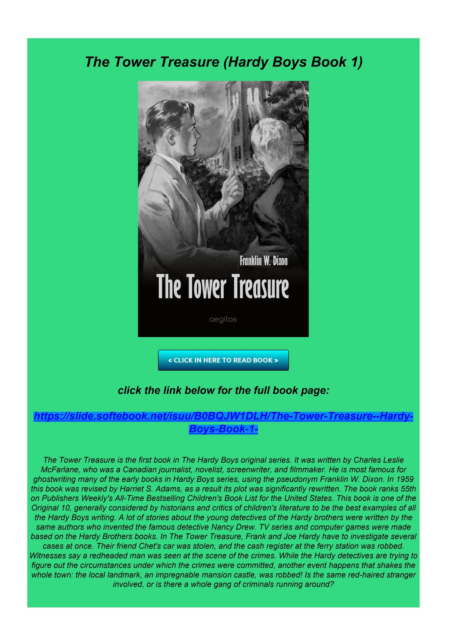 PDF Read The Tower Treasure (Hardy Boys Book 1) by stevenbriderodriguez ...