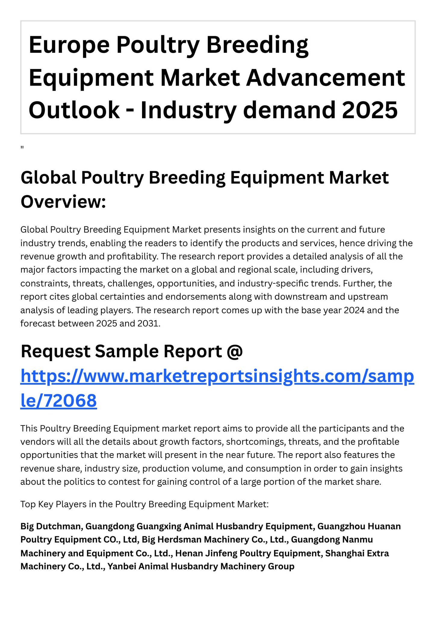 Europe Poultry Breeding Equipment Market Advancement Outlook - Industry ...