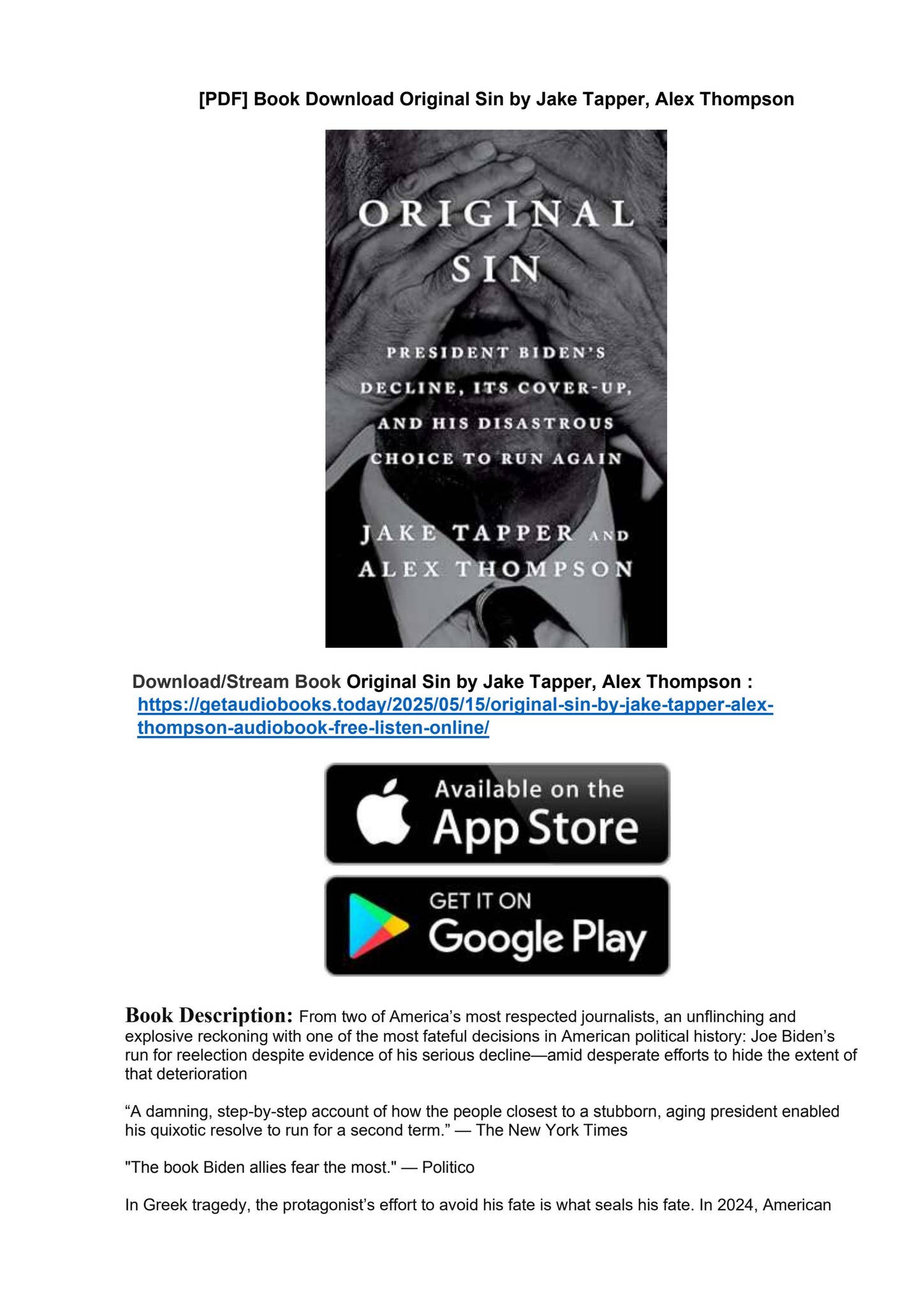 (PDF) Book Download Original Sin by Jake Tapper, Alex Thompson by Kate ...