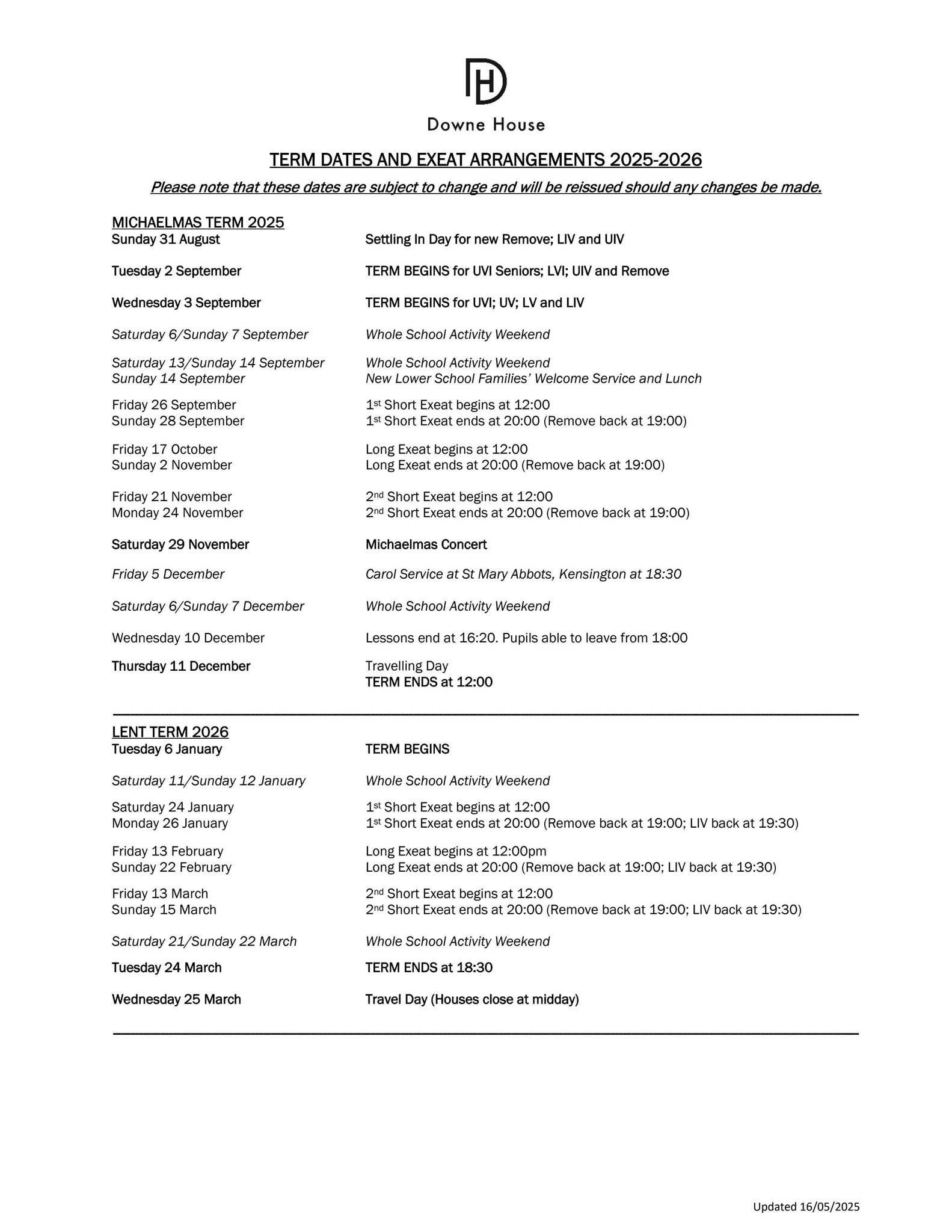Downe House Term Dates 2025-2026 Academic Year by Downe House School ...