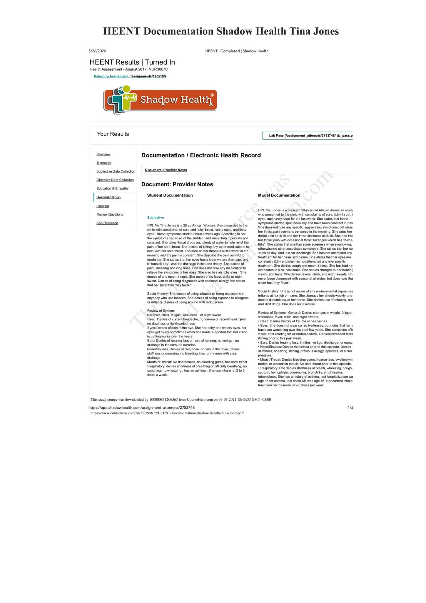 Shadow Health Tina Jones HEENT Results Documentation / Electronic ...