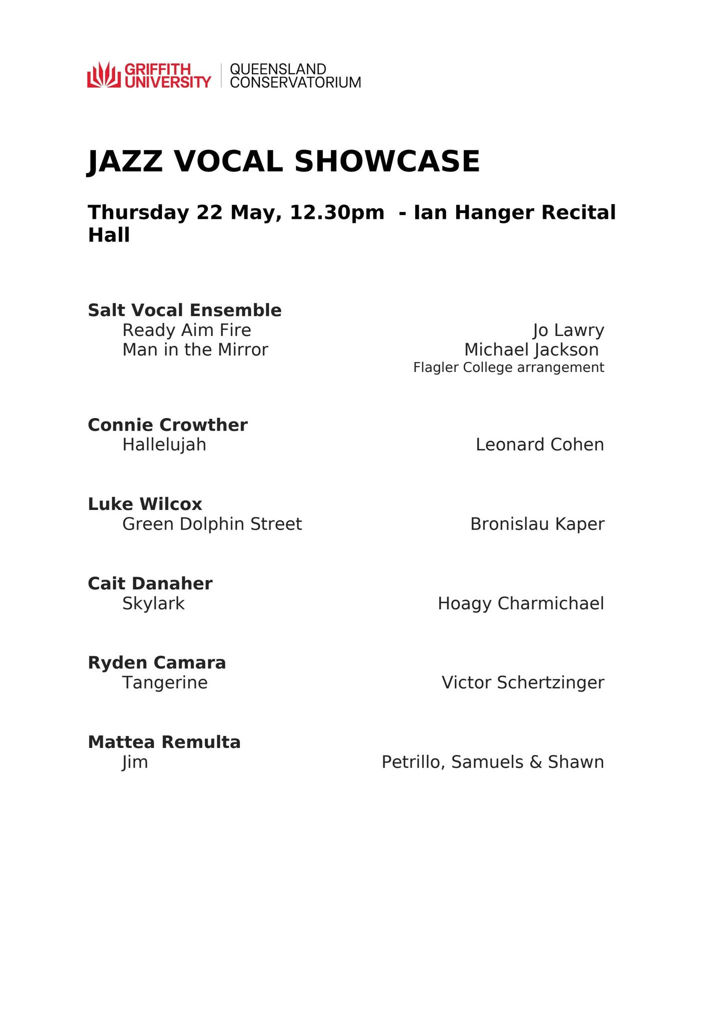 Programme - Jazz Vocal Showcase by Queensland Conservatorium Griffith ...