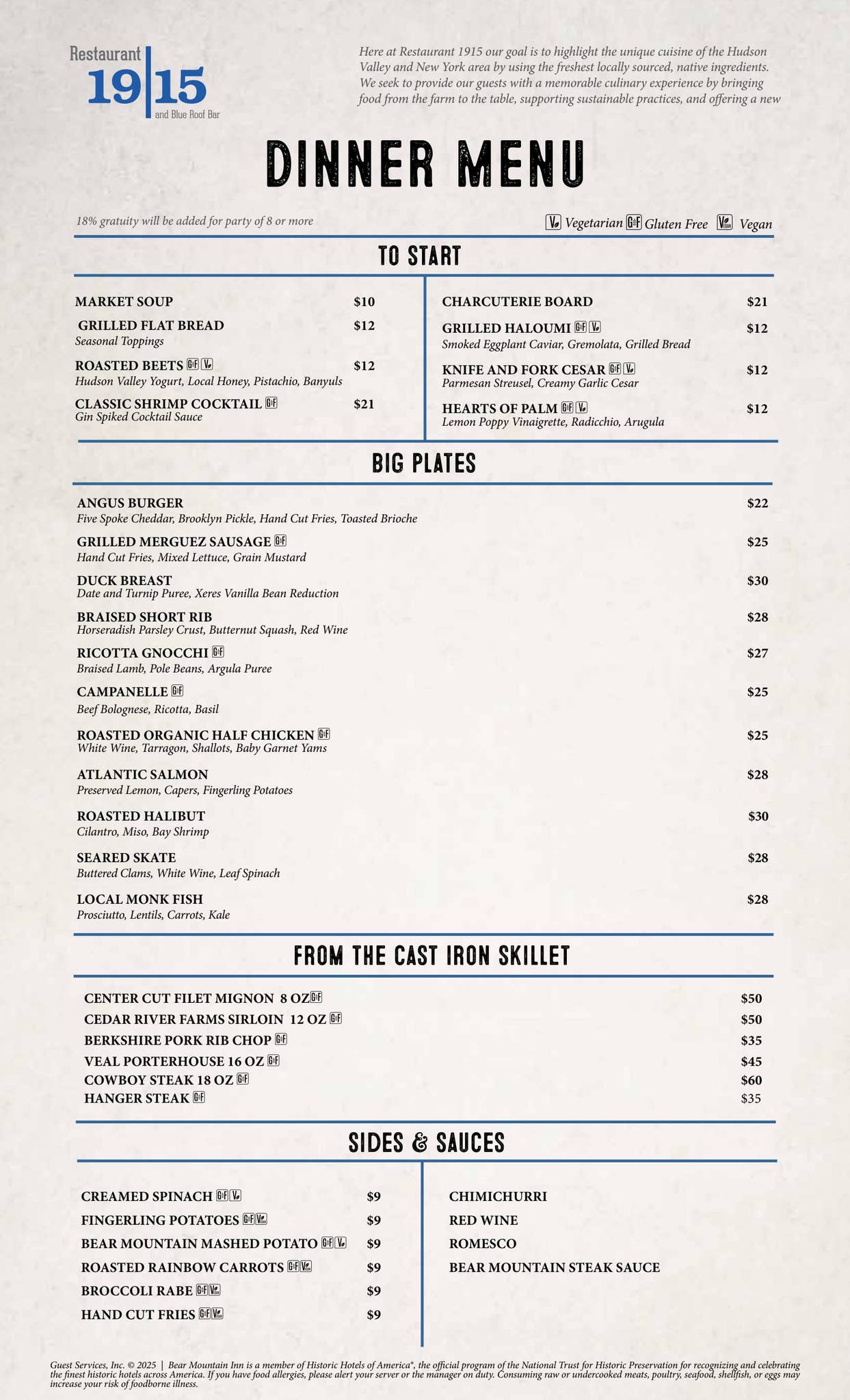 Bear Mountain Inn Restaurant 1915 Dinner Menu 2025 by Guest Services ...