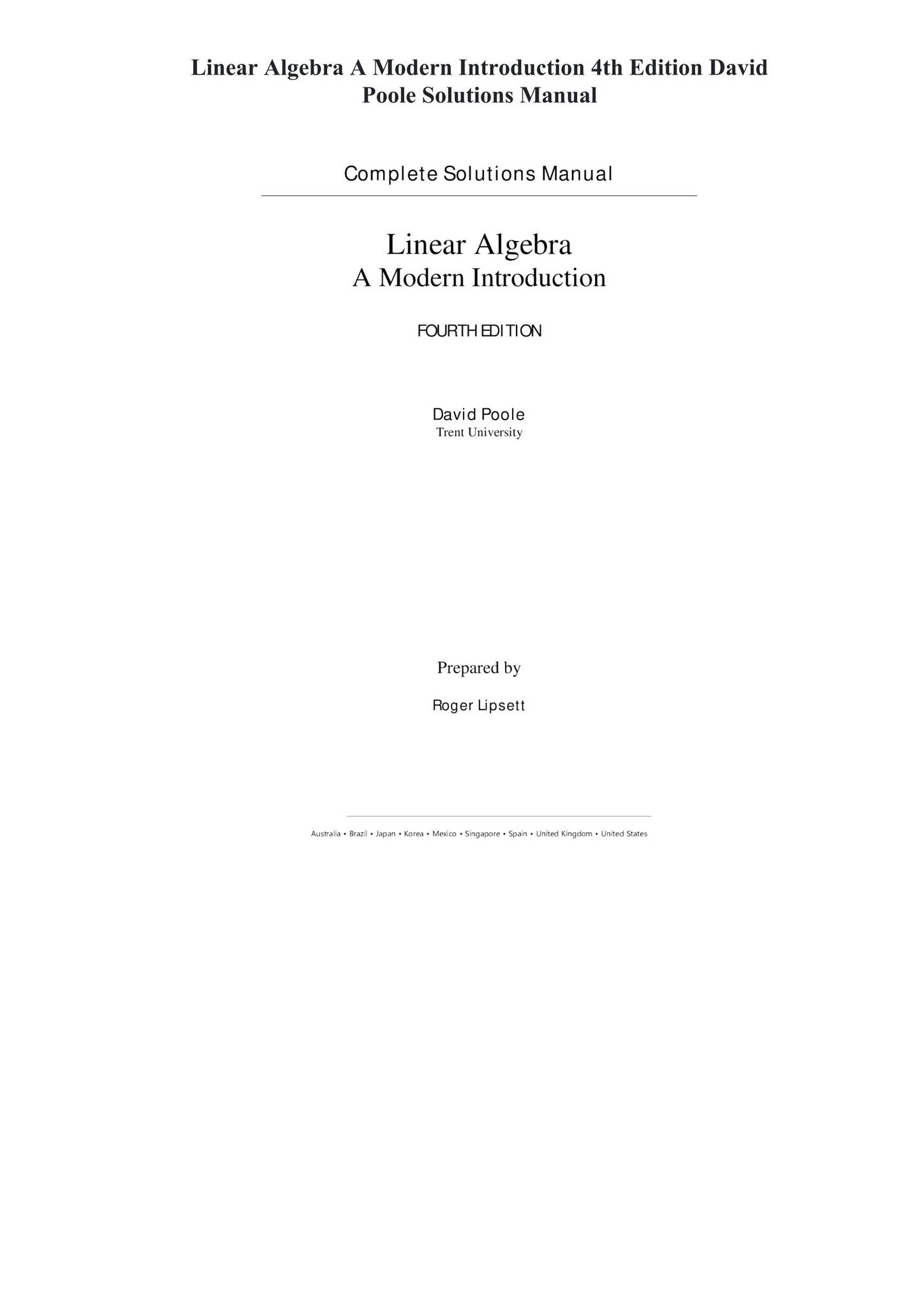 Solutions Manual for Linear Algebra A Modern Introduction 4th Edition by David Poole by ...