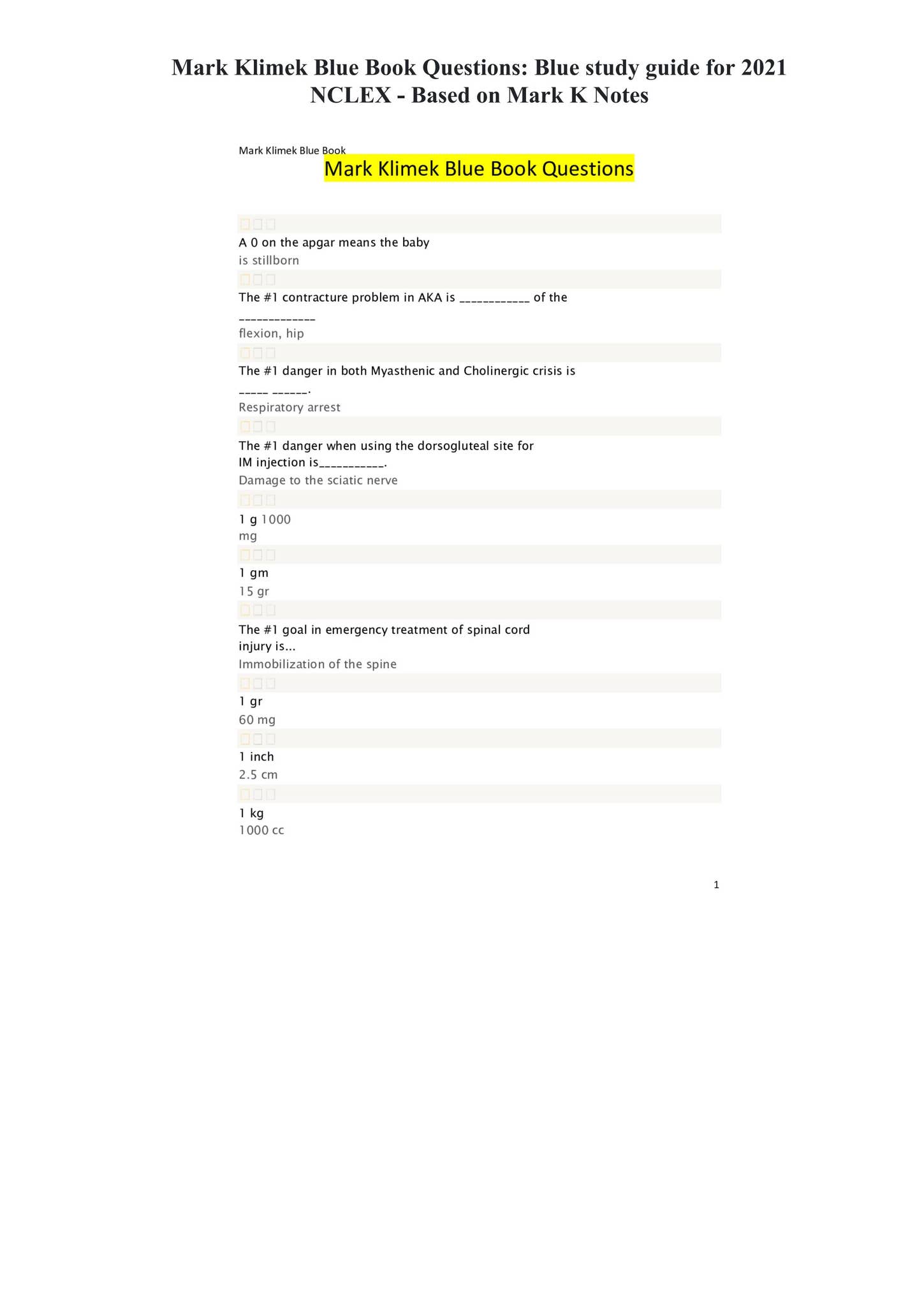 NCLEX Mark Klimek Blue Book Questions & Study Guide for NCLEX - Based ...