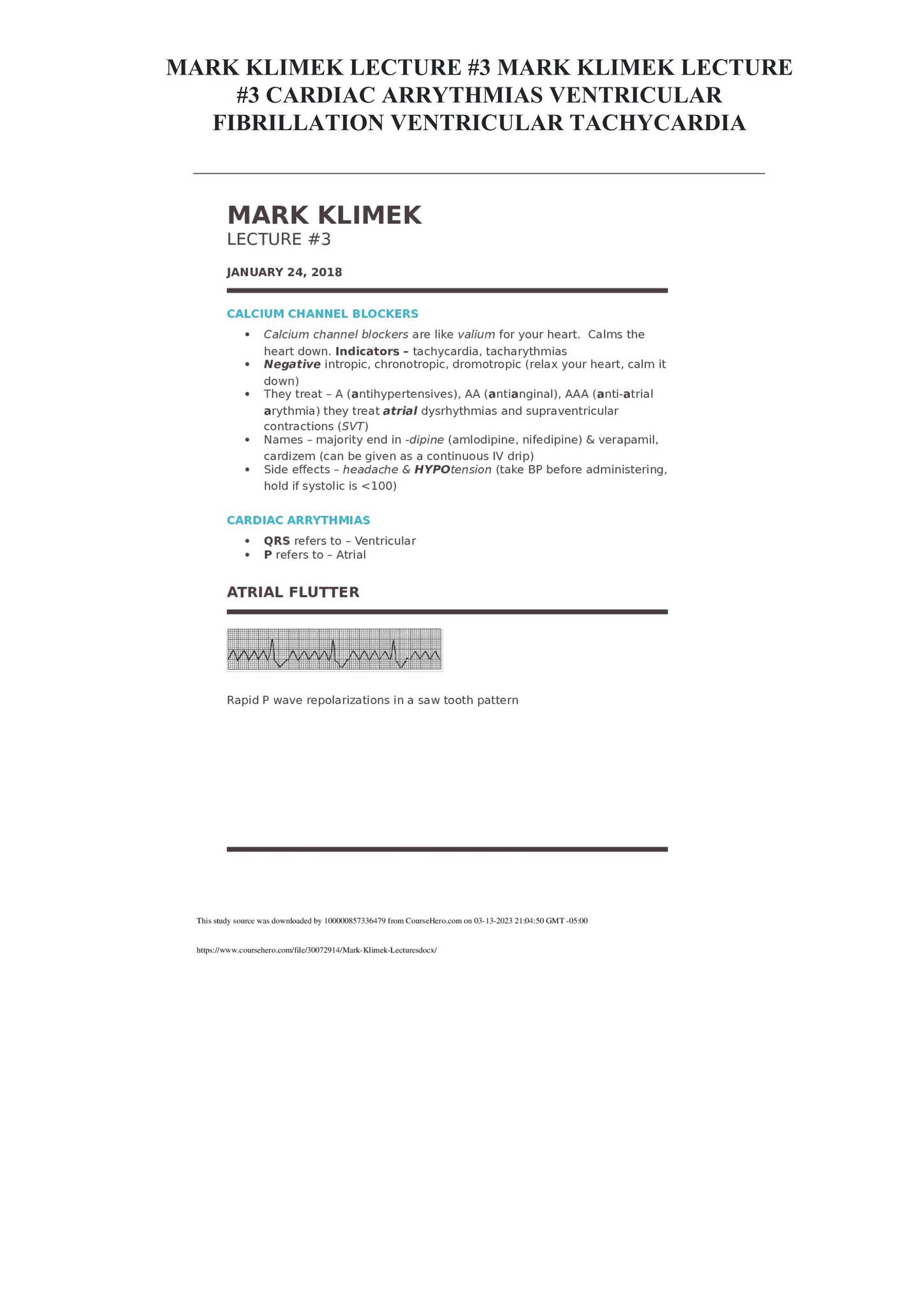 Mark Klimek Lecture #3 | Cardiac Arrythmias, Ventricular Fibrillation ...