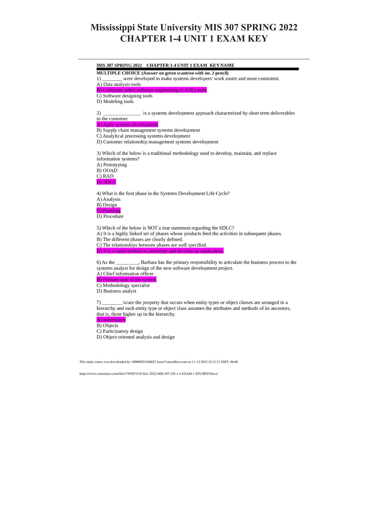 MIS 307 CHAPTER 1-4 UNIT 1 EXAM KEY | Mississippi State University by ...